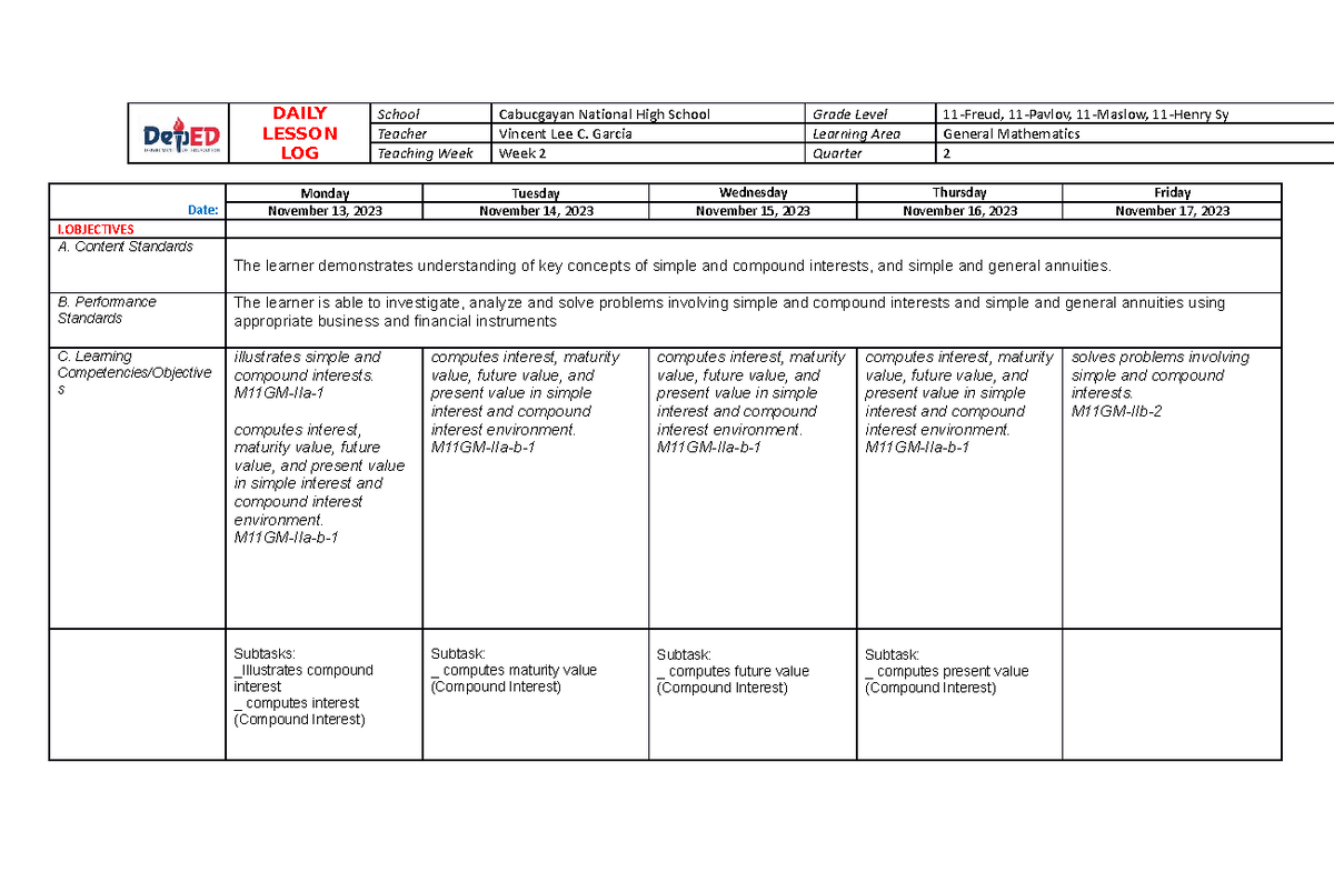 DLL Q2W2: General Math - Simple & Compound Interest Lesson Plans - Studocu