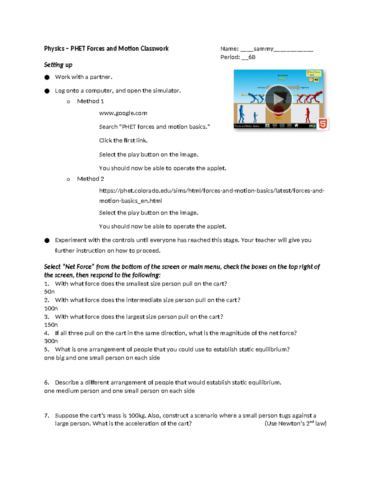 PHET Forces and Motion Basics Simulator Classwork - Physics – PHET ...