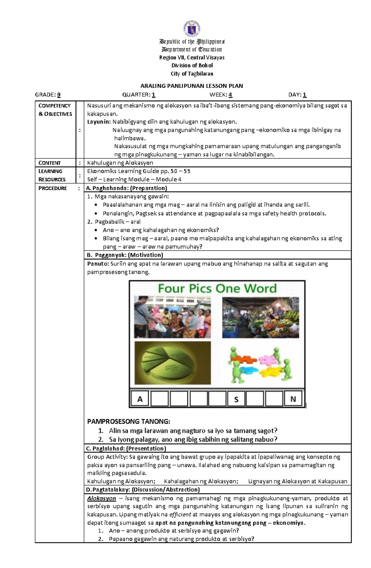 Bohol AP9 Q1 PLP4 Araling Panlipunan Lesson Plan Day 1-2 - Studocu