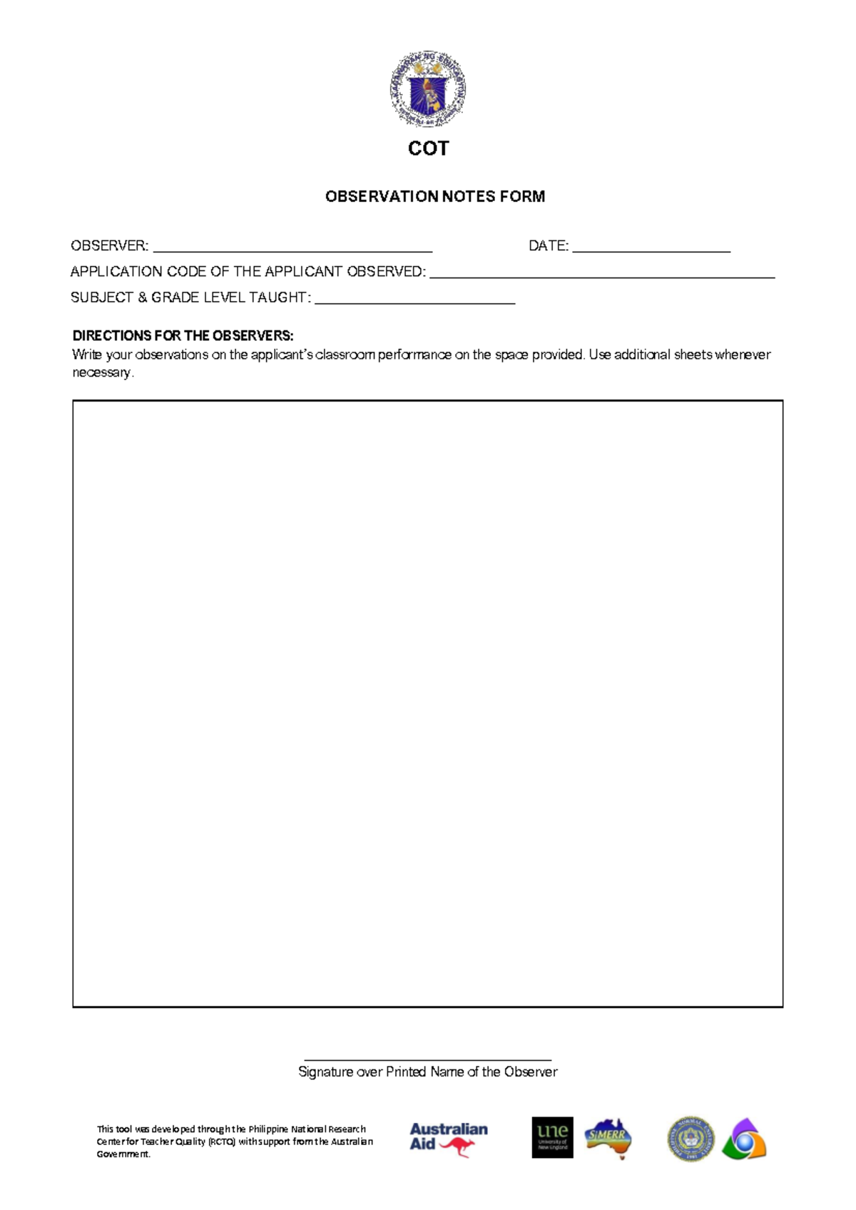 COT-ECP-Observation Notes Form - OBSERVATION NOTES FORM OBSERVER: - Studocu