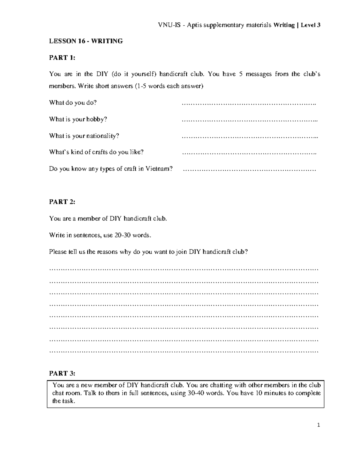 Aptis Level 3 Writing: Week 8 Lesson 16 - DIY Handicraft Club ...