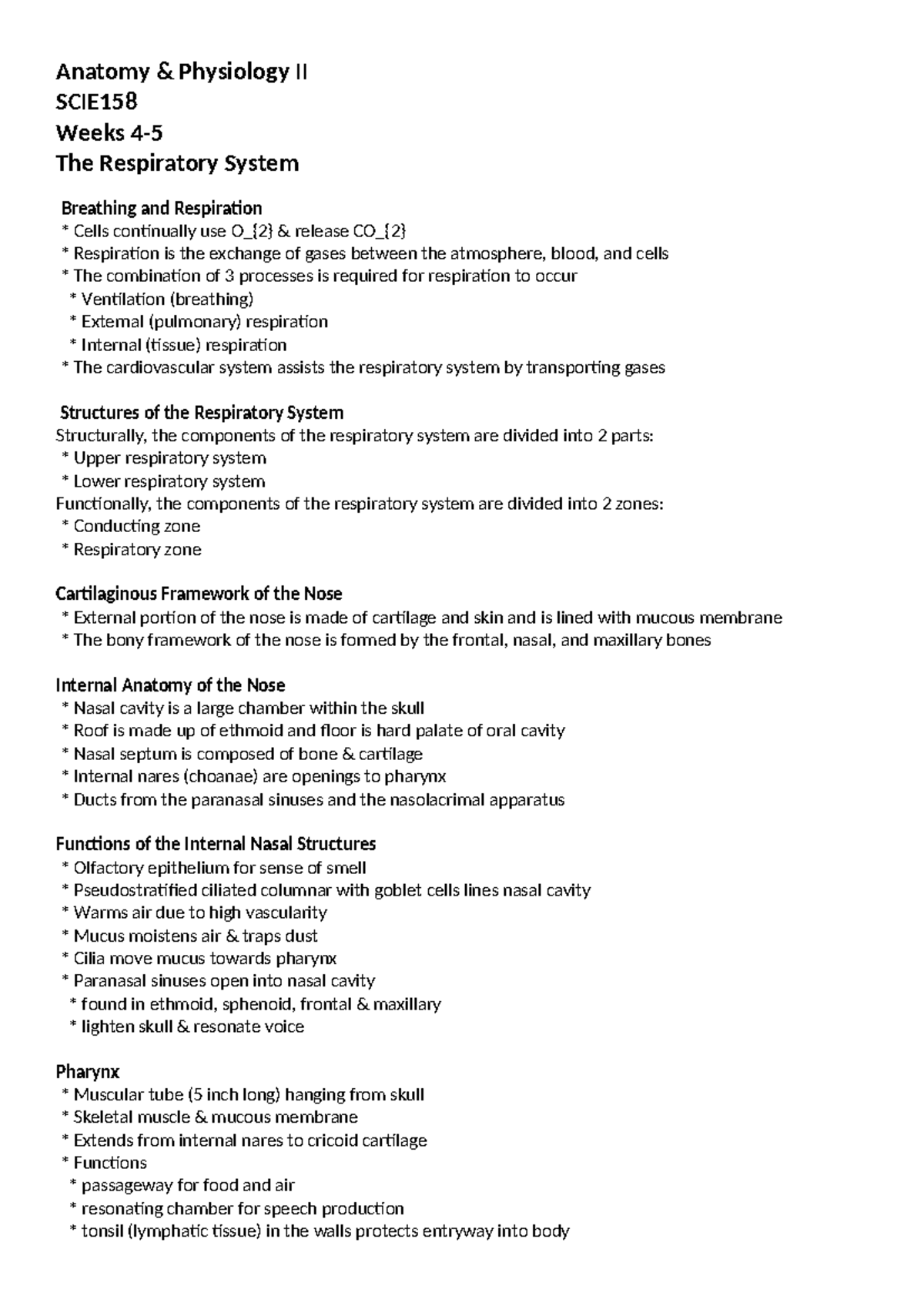 Anatomy & Physiology II SCIE158: Respiratory System Notes - Studocu