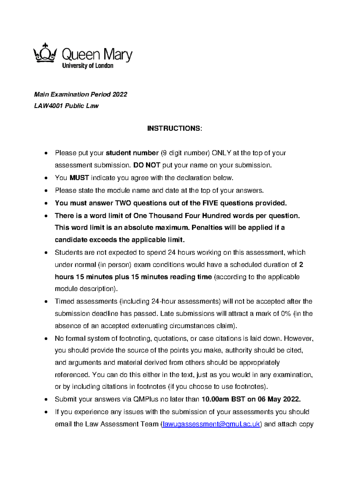 2022 LAW4001 Public Law Final Exam Instructions and Questions - Studocu