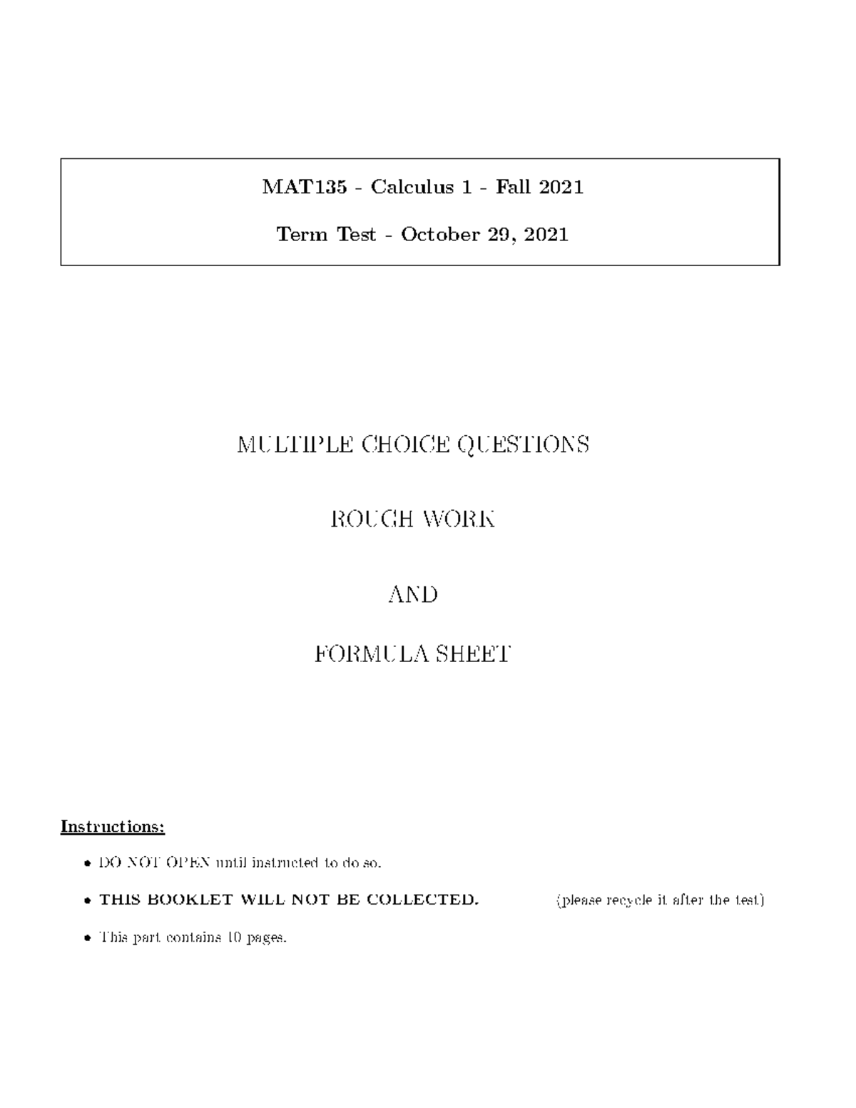 MAT135 Calculus 1 Fall 2021 Term Test MCQ & Formula Sheet - Studocu