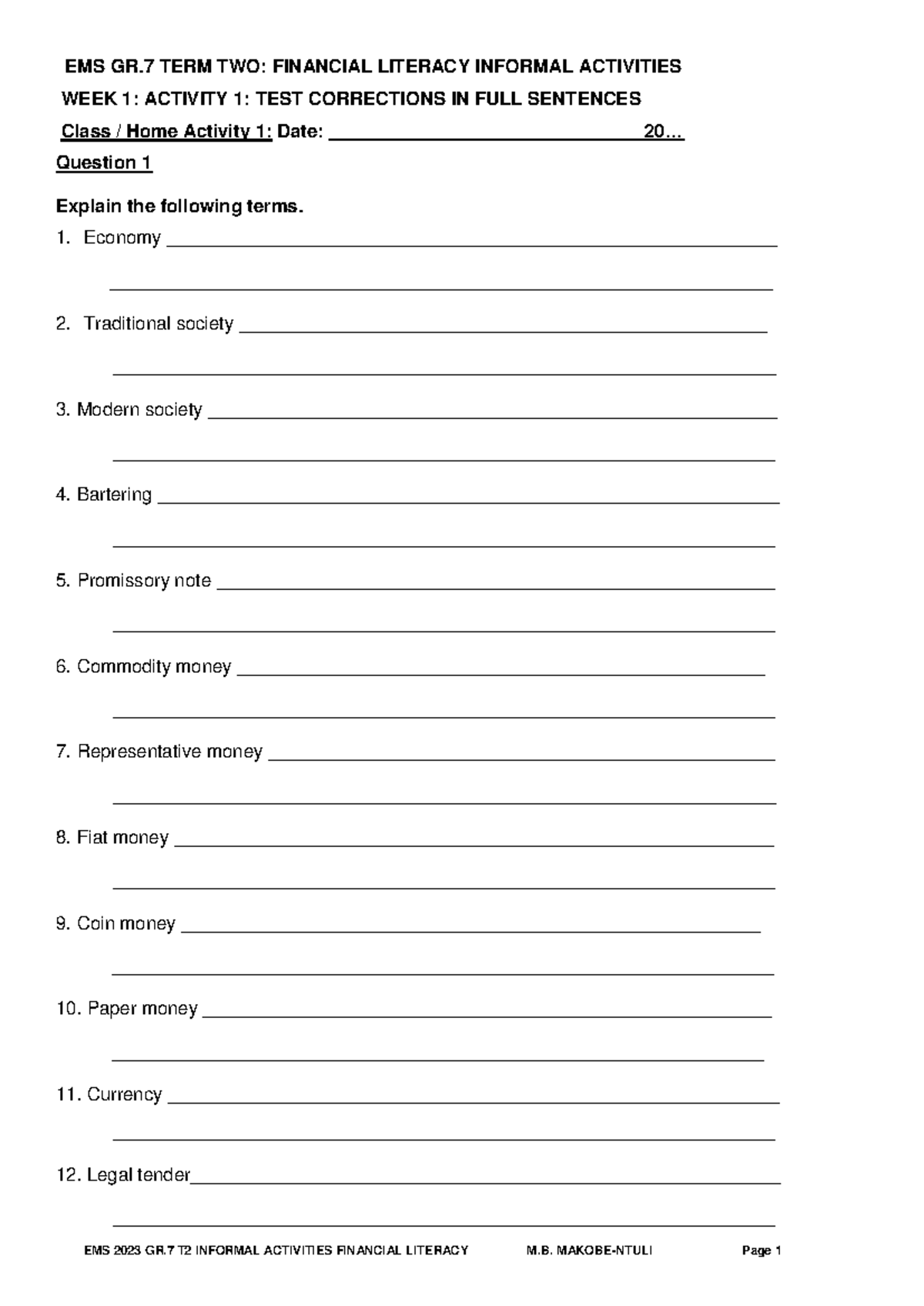 GR.7 T2 Informal Activities: Financial Literacy & T1 Revision - Studocu