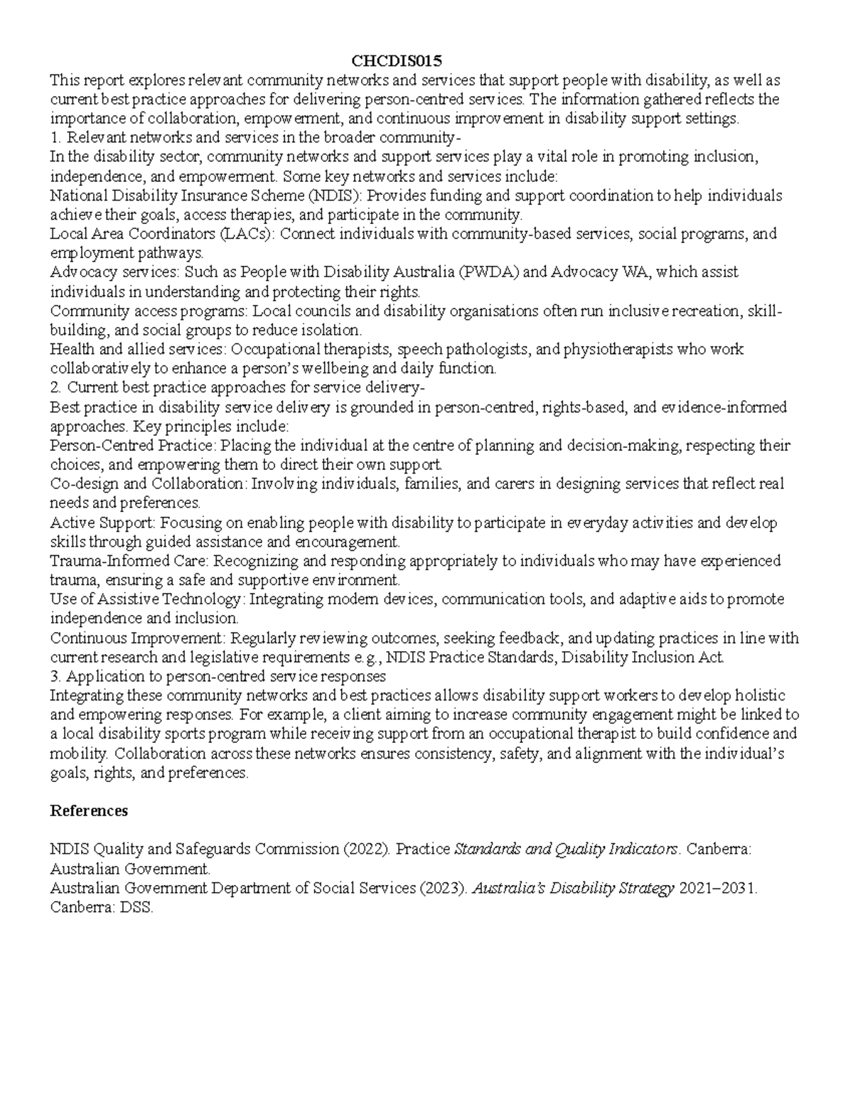 CHCDIS015 Community Networks & Best Practices in Disability Support ...