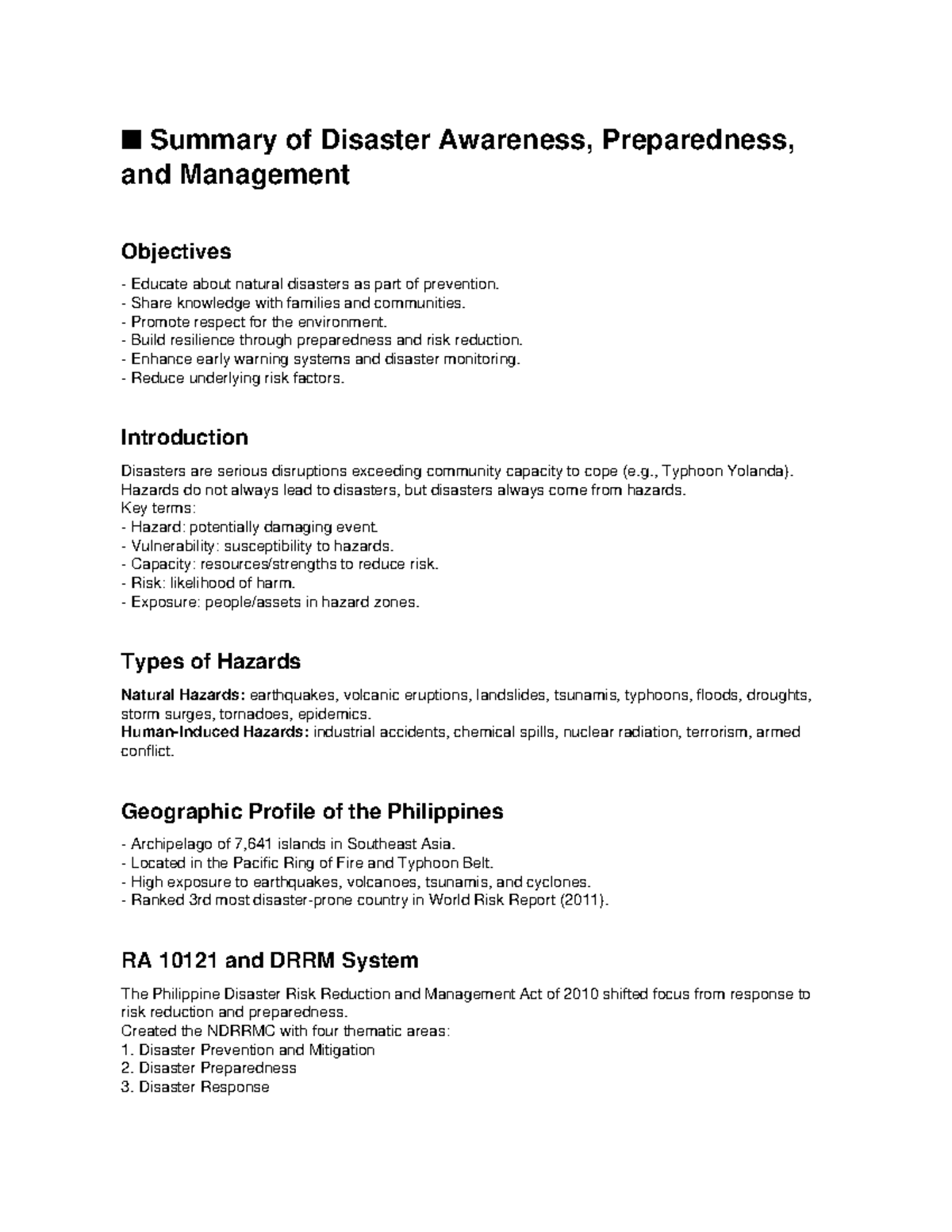 Disaster Awareness Summary: Preparedness & Management Objectives - Studocu