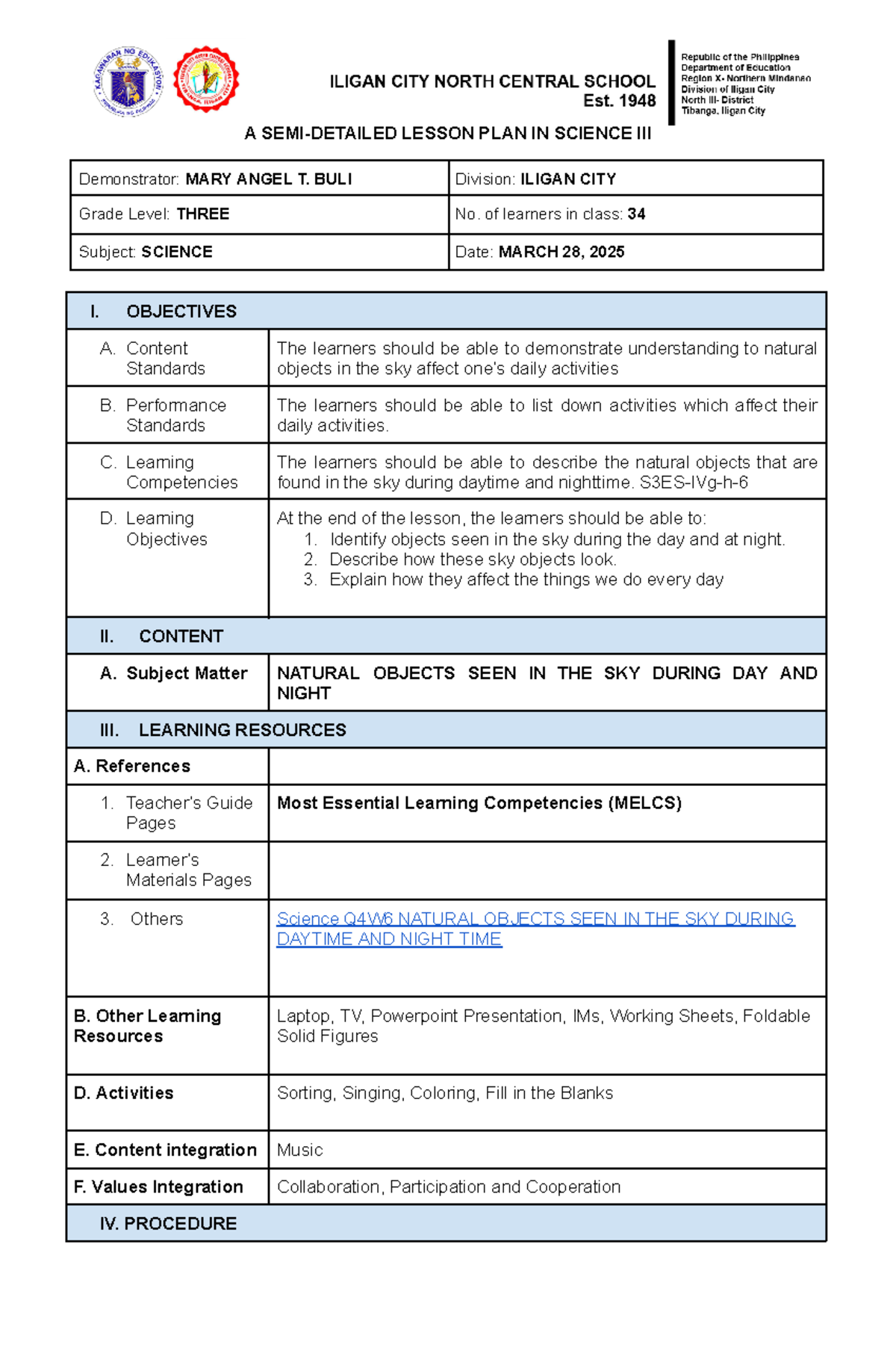 Science Grade 3 Lesson Plan: Natural Objects in the Sky (Day & Night ...