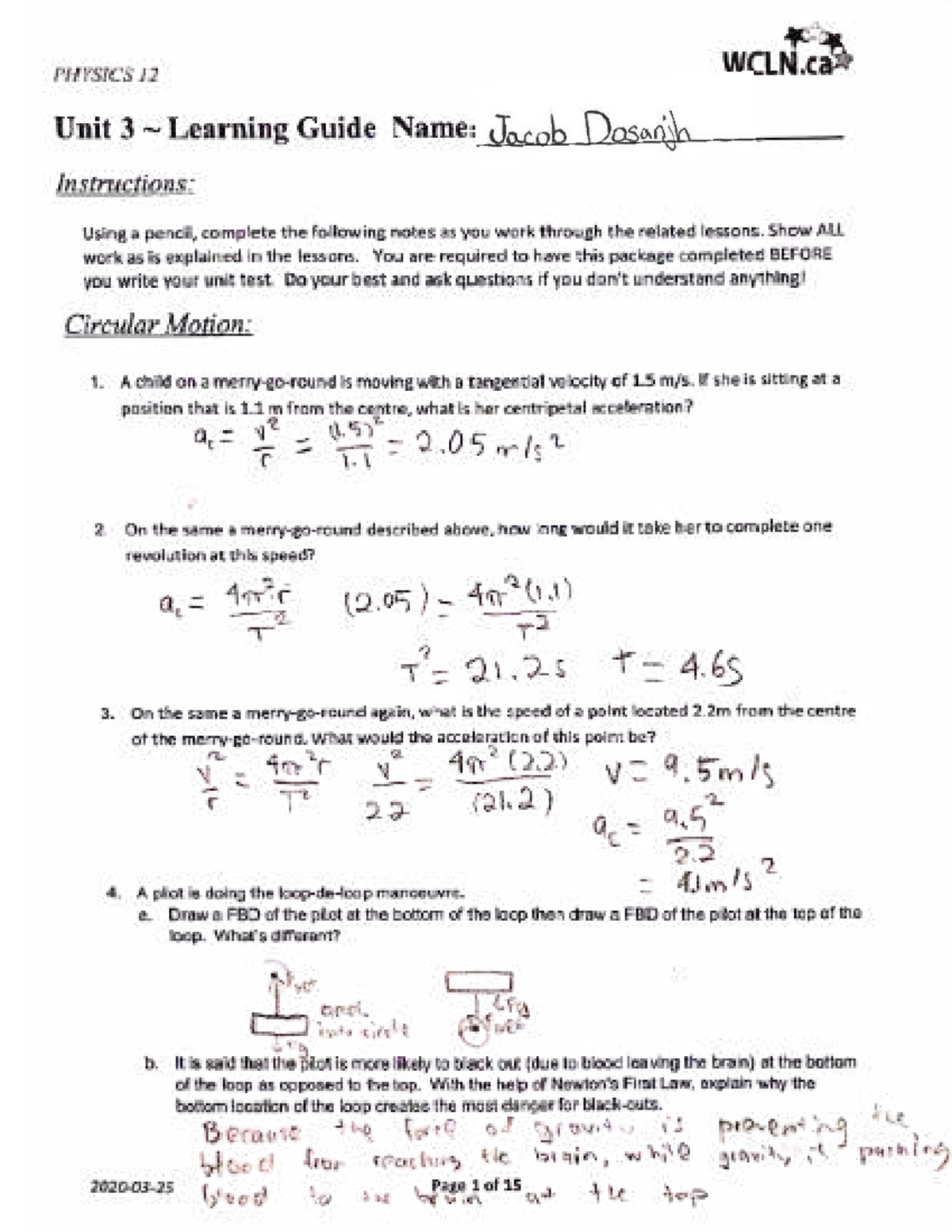PHYSICS 12 WCLN.ca Unit 3 Learning Guide: Circular Motion & Gravity ...