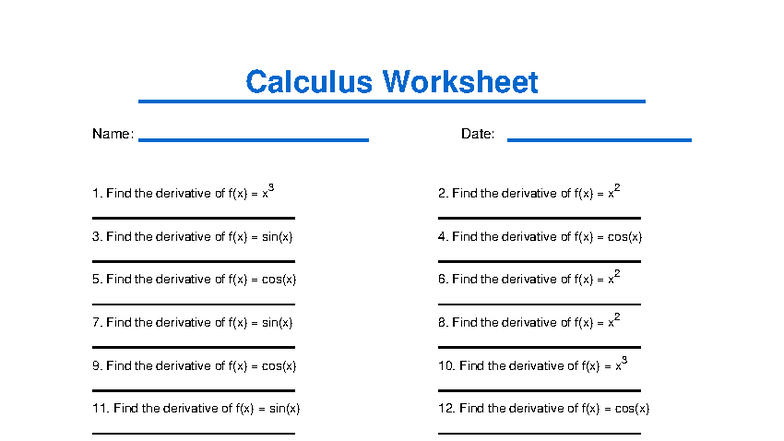Calculus Worksheet 10: Derivatives Practice and Answer Key - Studocu