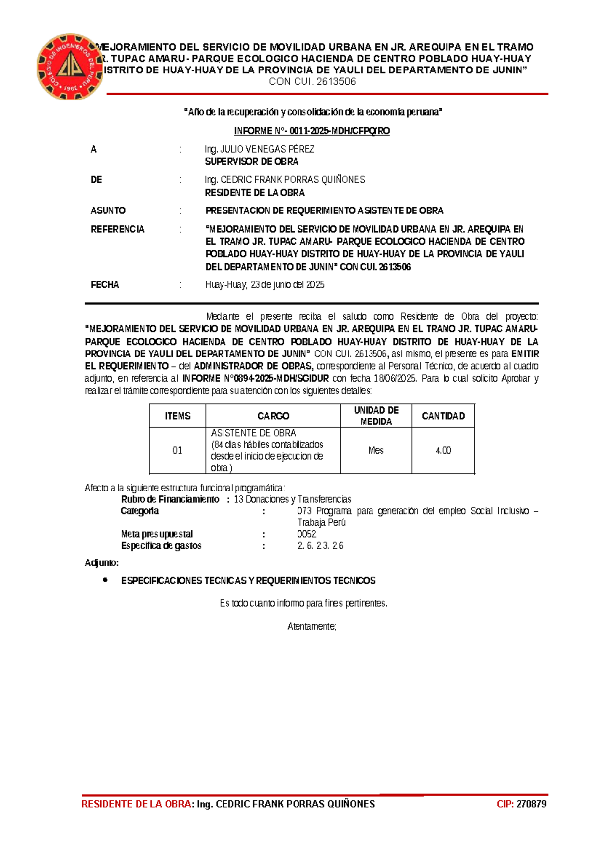 TDR para la Contratación de Asistente de Obra - CUI 2613506 - Studocu