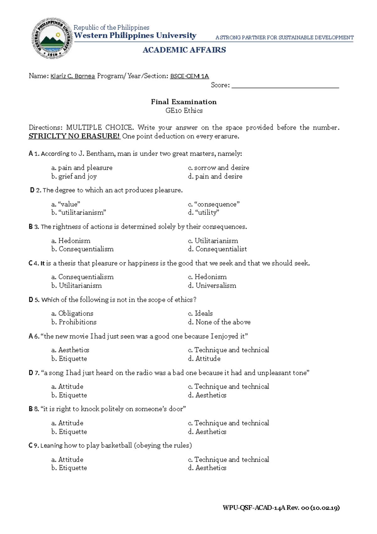 GE10 Ethics Final Exam Review: Multiple Choice Questions - Studocu