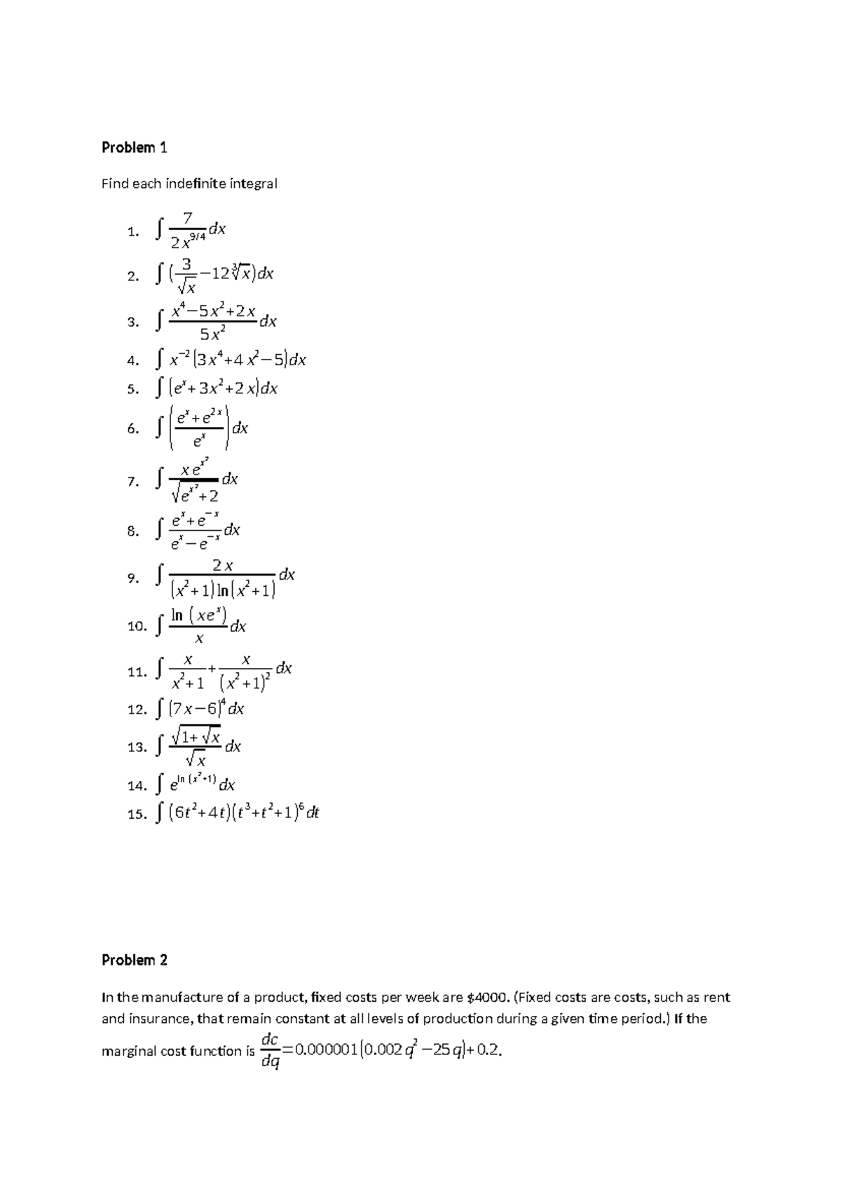Review - Calculus Indefinite Integrals and Cost Functions - Studocu