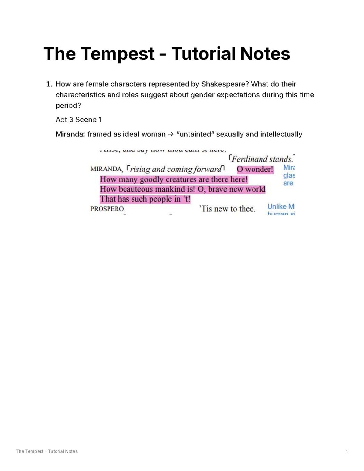 The Tempest (ENG 101) - Tutorial Notes on Female Representation and ...