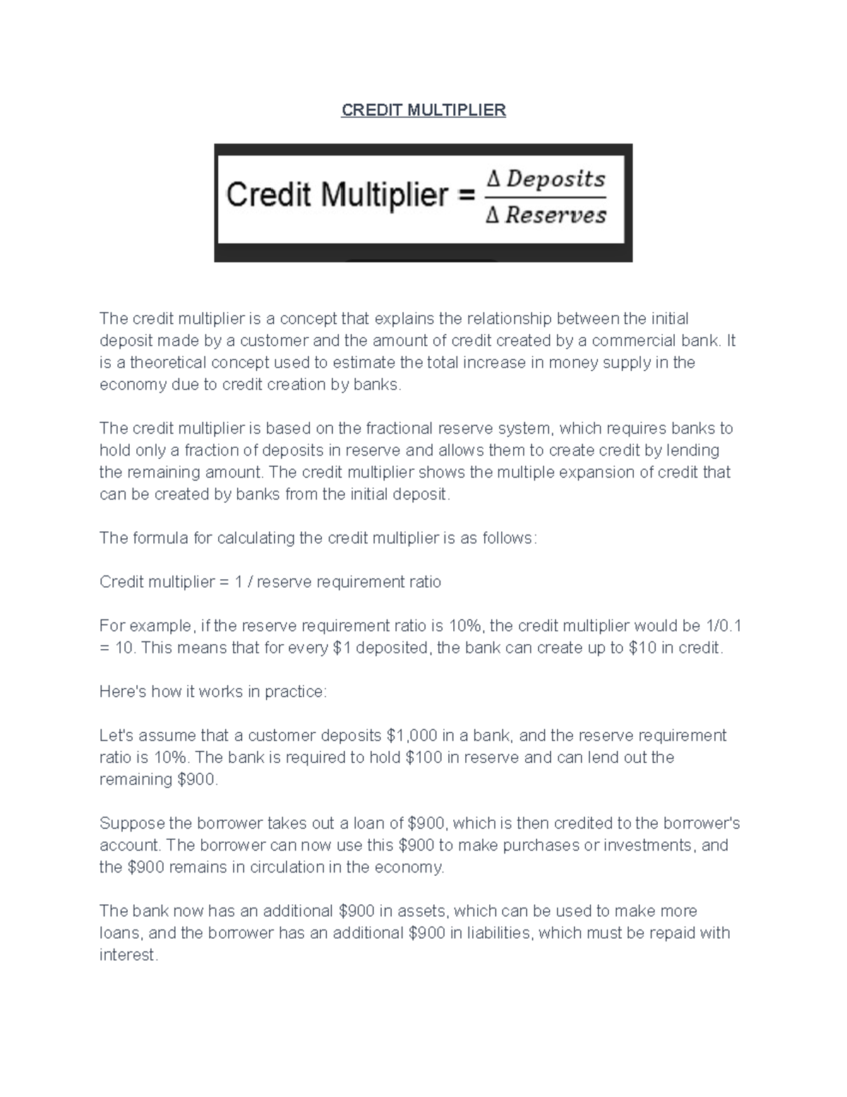 Credit Multiplier - CREDIT MULTIPLIER The credit multiplier is a ...
