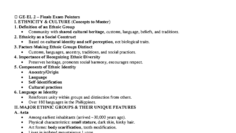 Final Exam Pointers I: Ethnicity & Culture Concepts to Master - Studocu