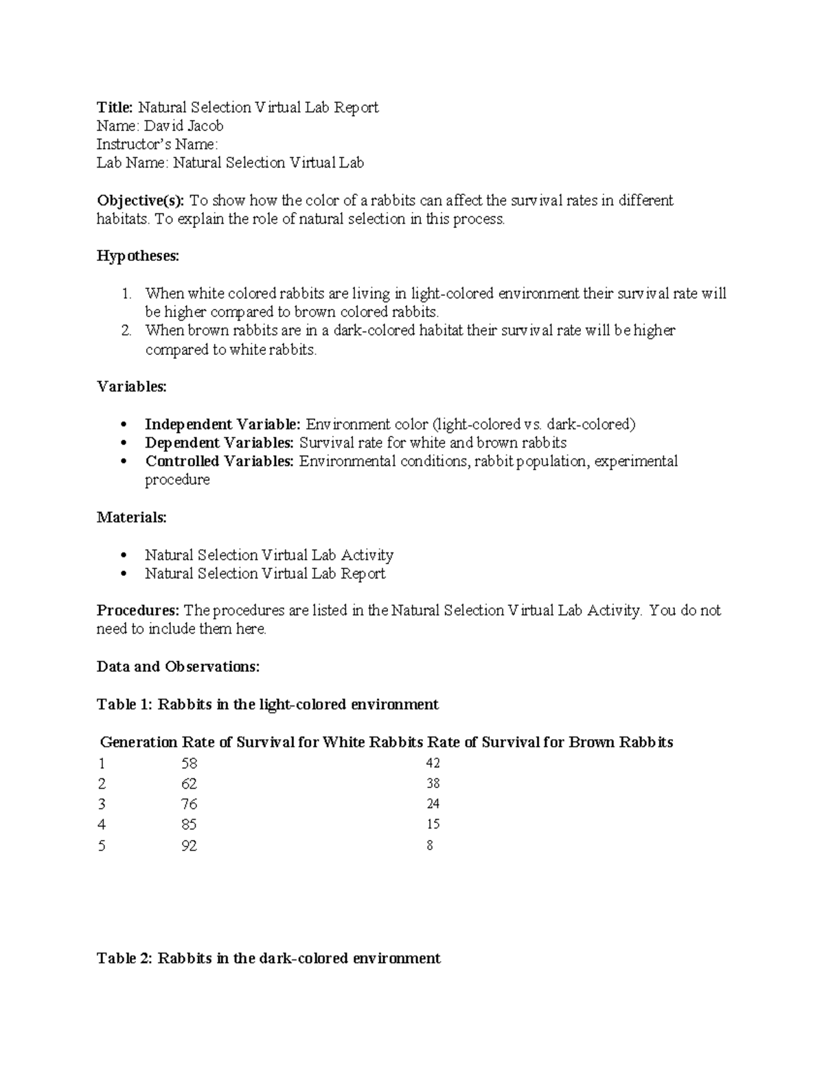 Biology 5.02 Final Lab Report on Natural Selection in Rabbits - Studocu