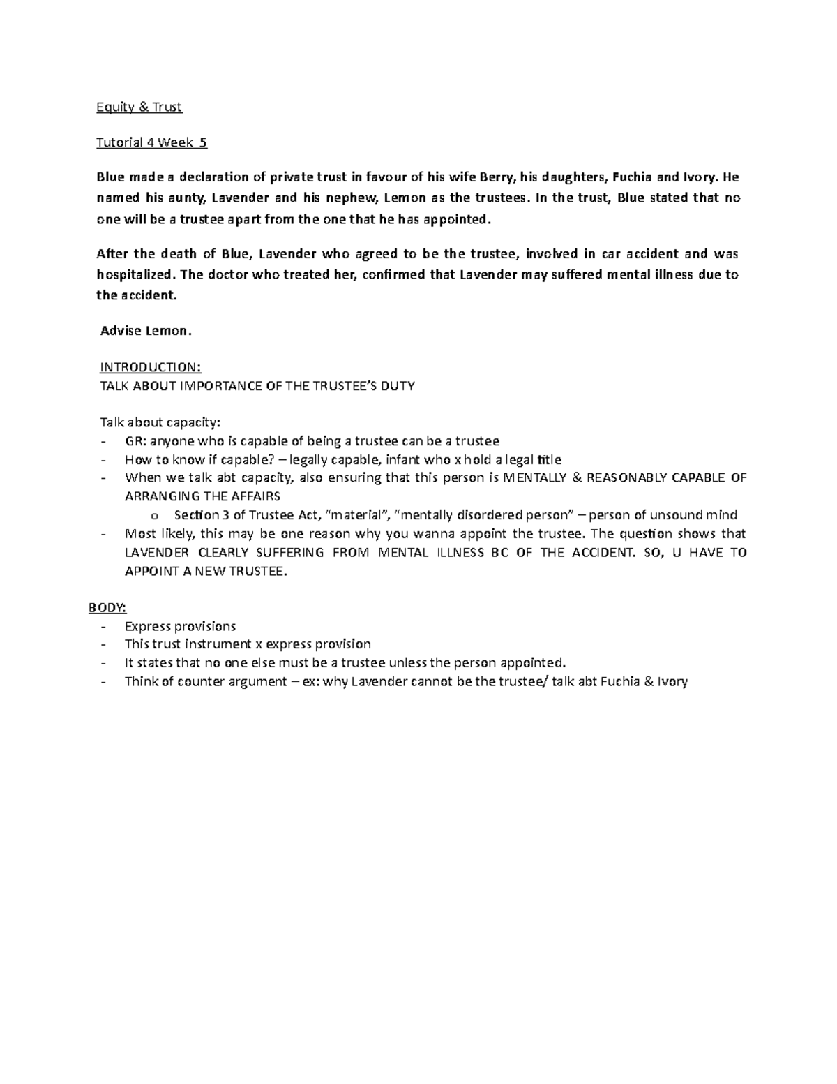 Equity & Trust Tutorial 4 Week 5: Trustee Capacity & Duties Analysis - Studocu