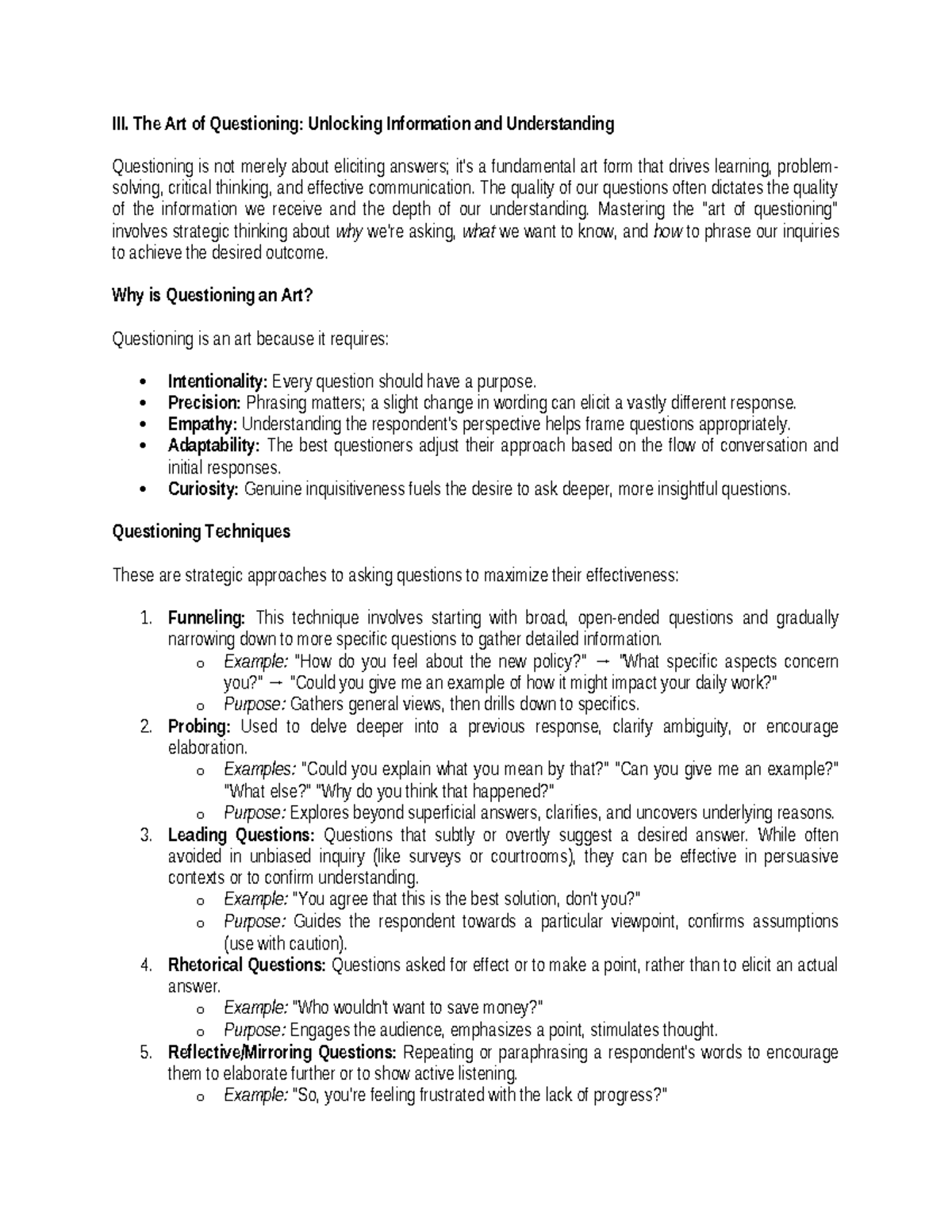 3 The Art of Questioning: Techniques and Strategies Handouts - Studocu