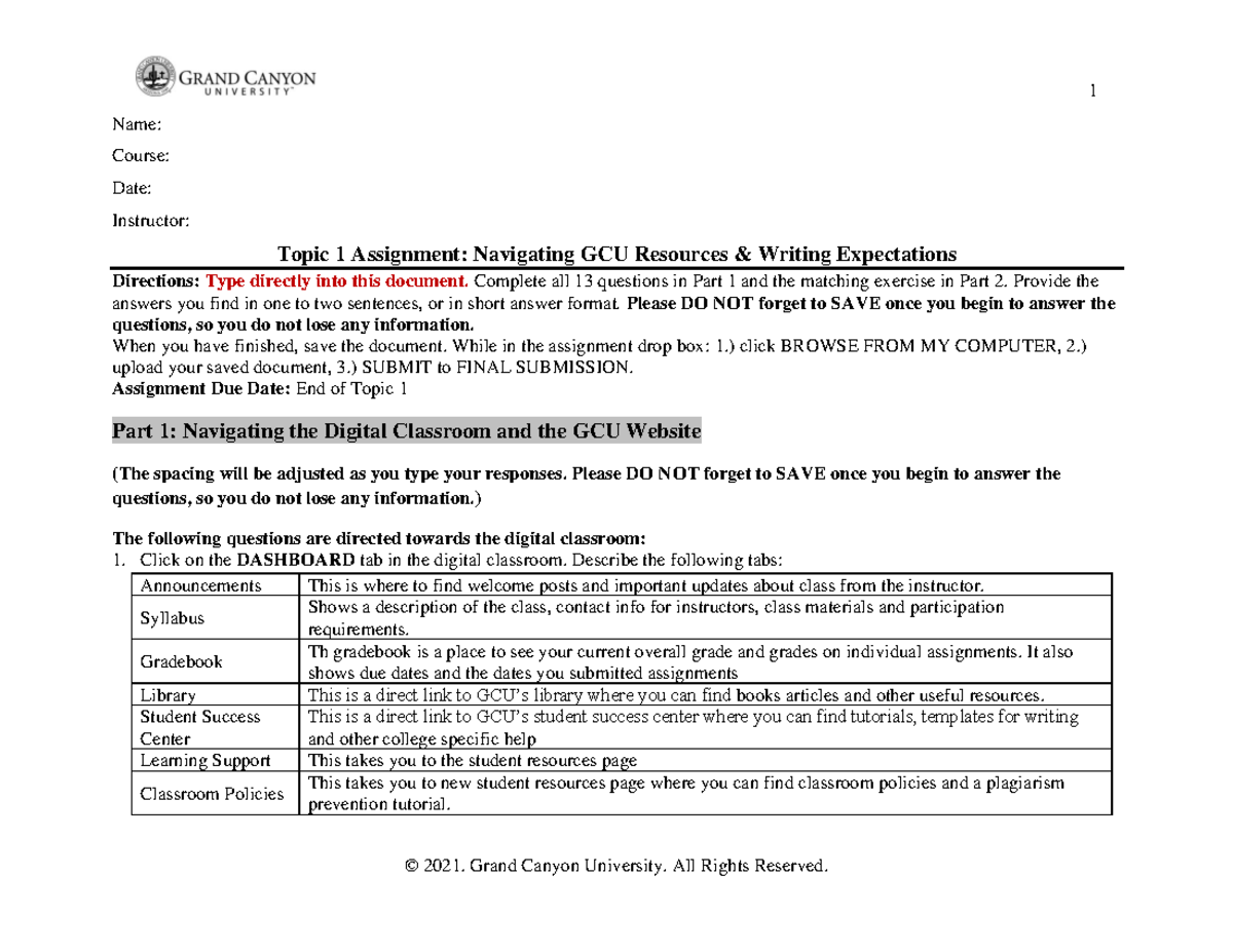 UNV 103 T1 Topic 1 Assignment: GCU Resources & Writing Guide - Studocu