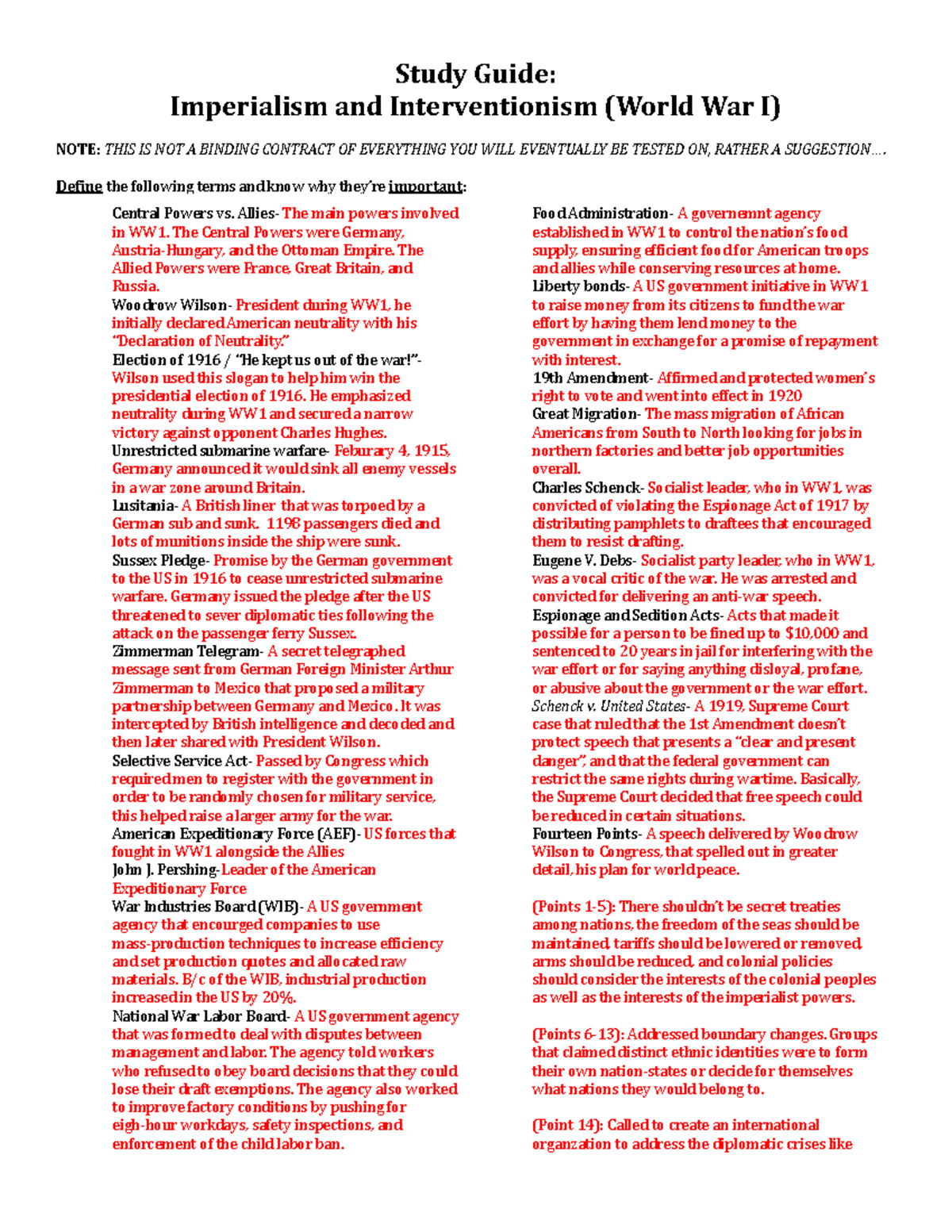 Study Guide: Key Concepts & Terms for WWI (HIST 101) - Studocu