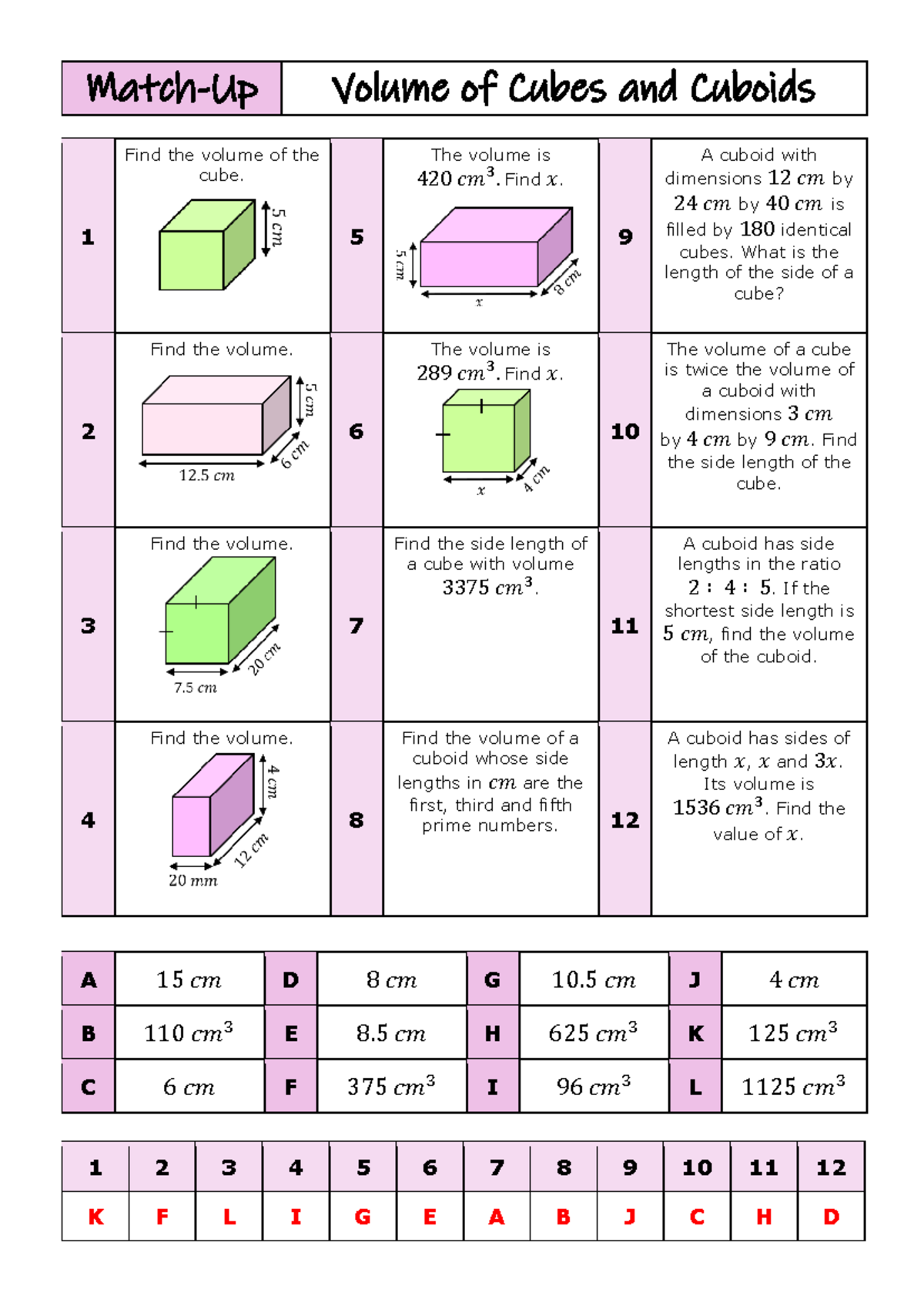 Volumes of Cubes and Cuboids: Match-Up Answers - Studocu