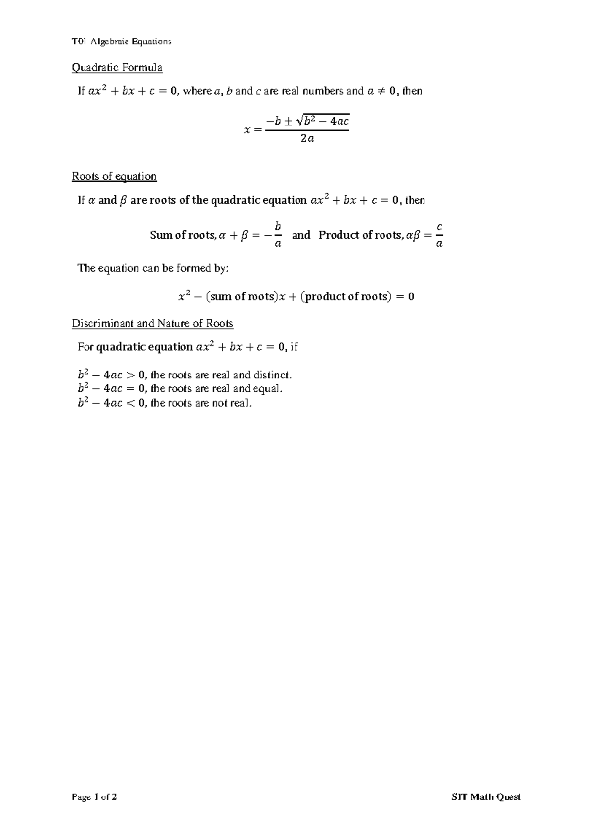 T01 Algebraic Equations: Understanding the Quadratic Formula - Studocu