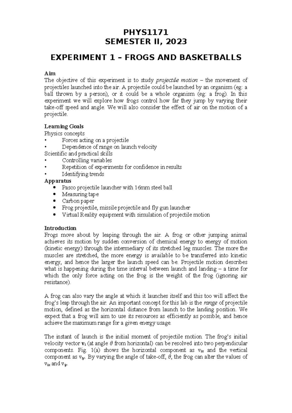 PHYS1171 Sem 2 2023 Experiment 1: Frogs & Projectile Motion - Studocu
