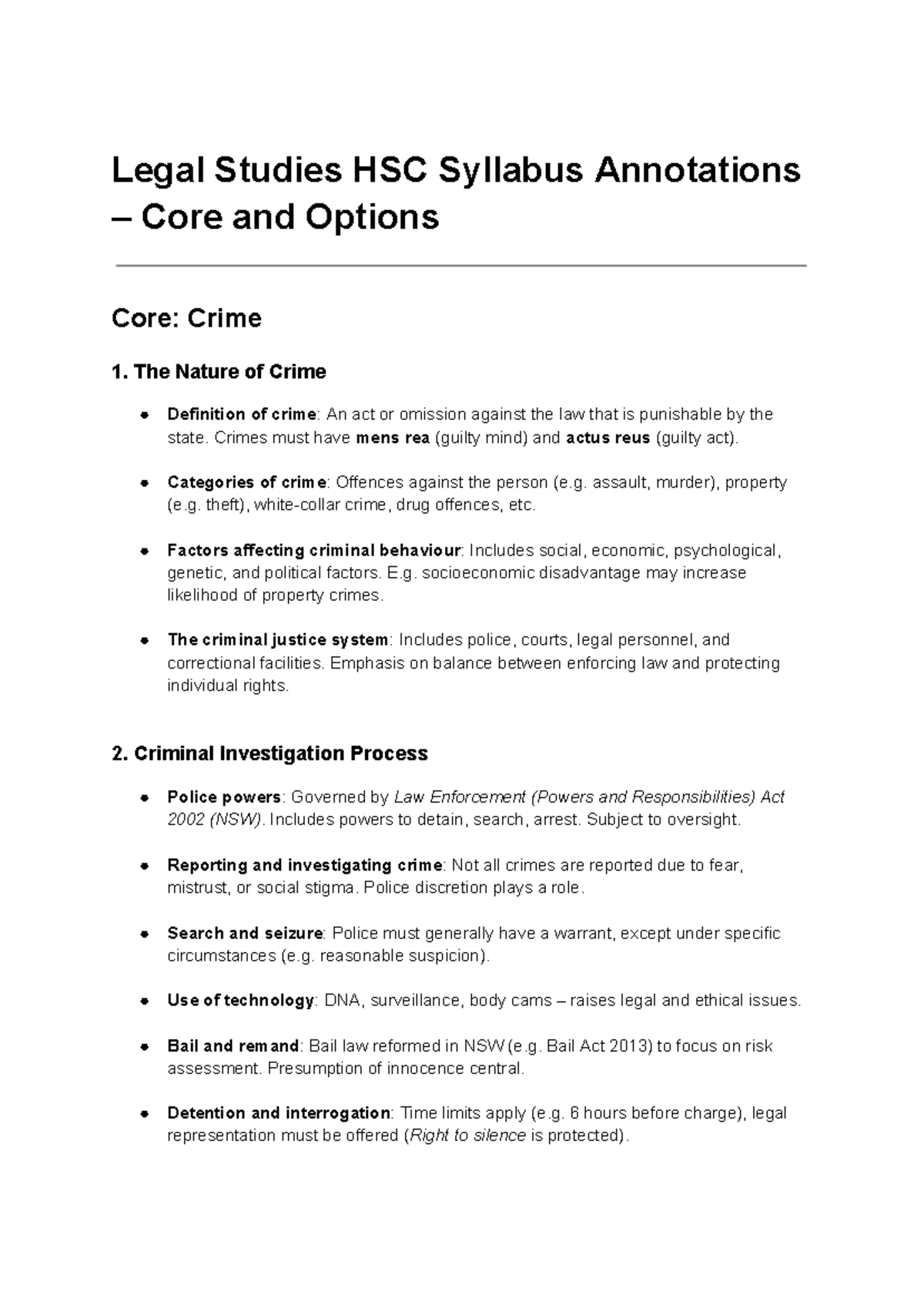Legal Studies HSC Syllabus Annotations: Core Crime & Options Overview ...