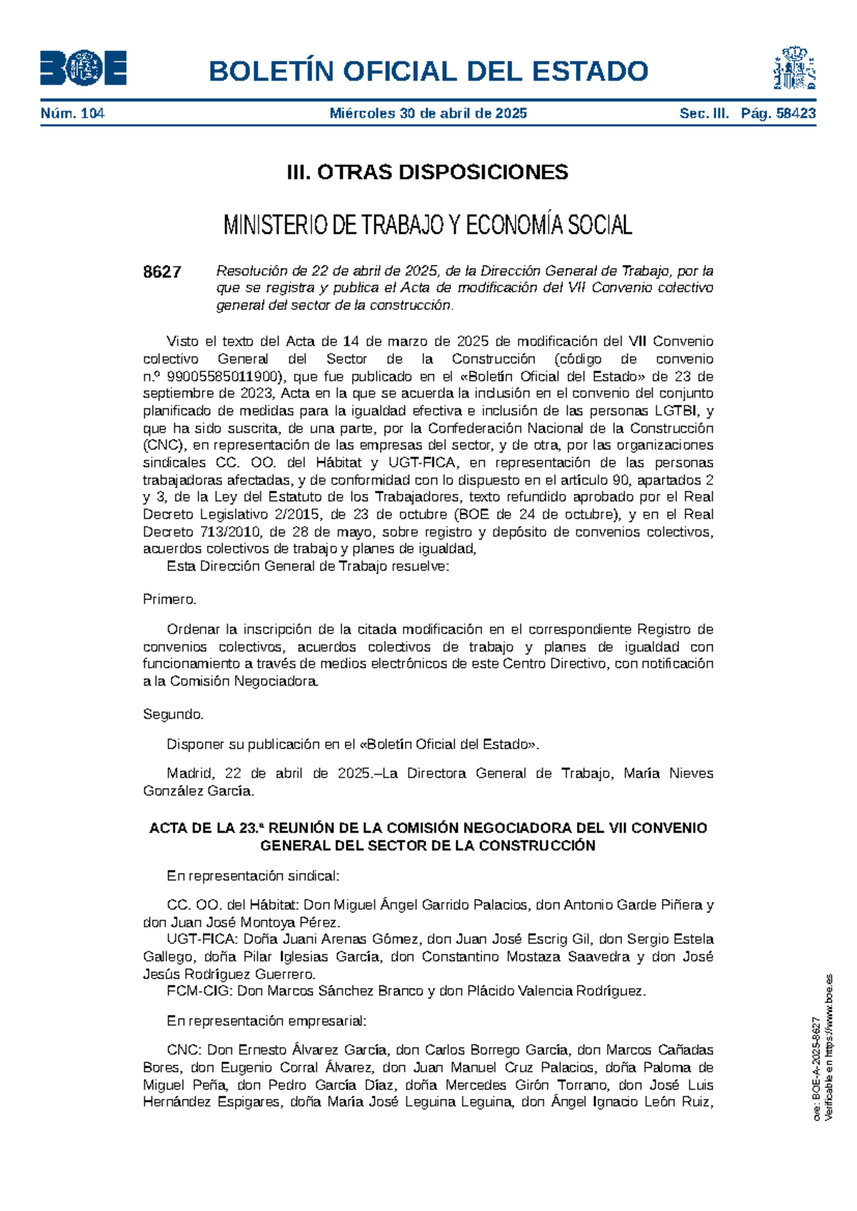 Resolución BOE-A-2025-8627: Modificación VII Convenio Construcción LGTBI - Studocu