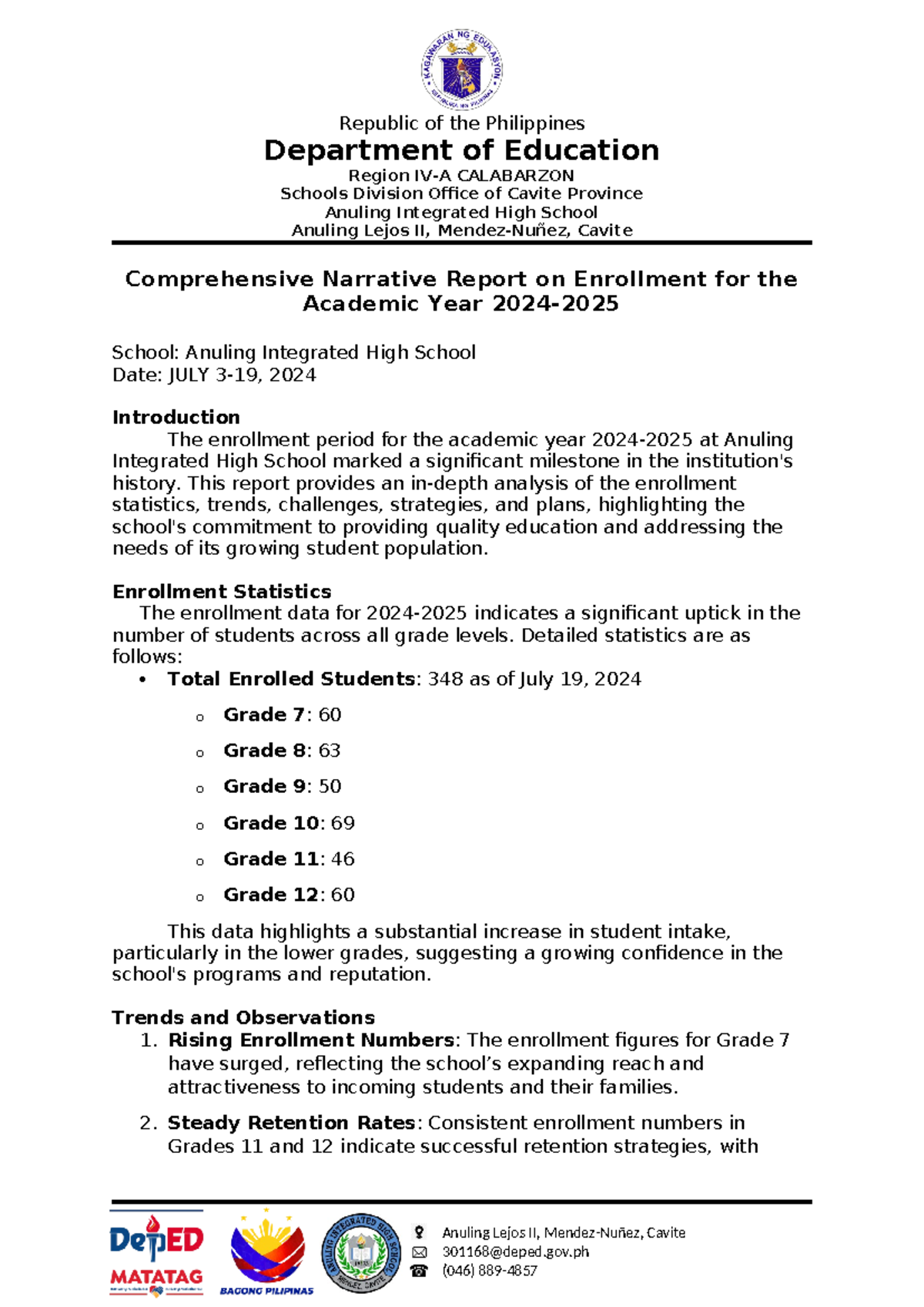 Enrollment Narrative Report for AY 2024-2025 - AIHS 301168 - Studocu
