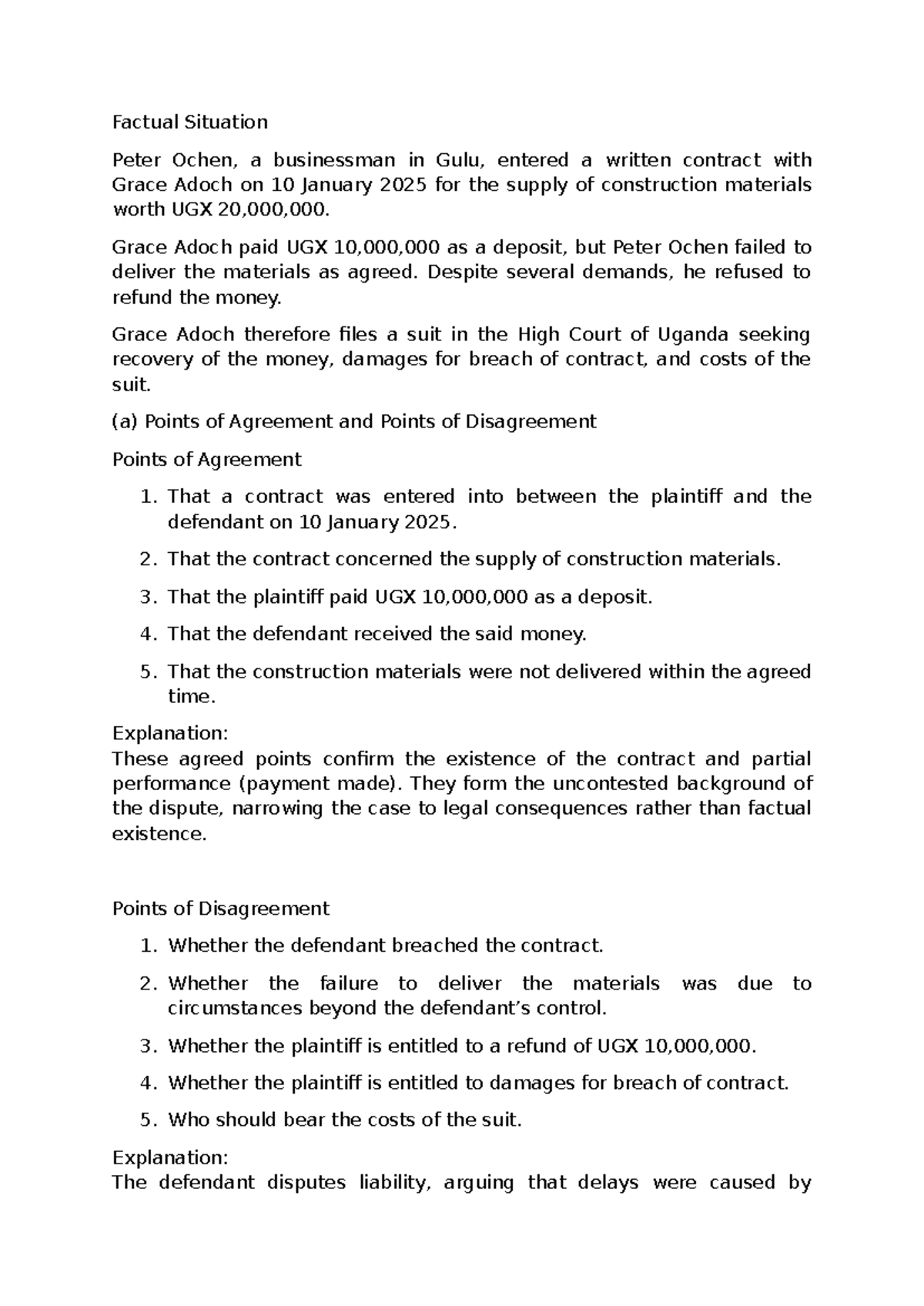 Hypothetical Factual Situation: Grace Adoch vs. Peter Ochen - Contract ...
