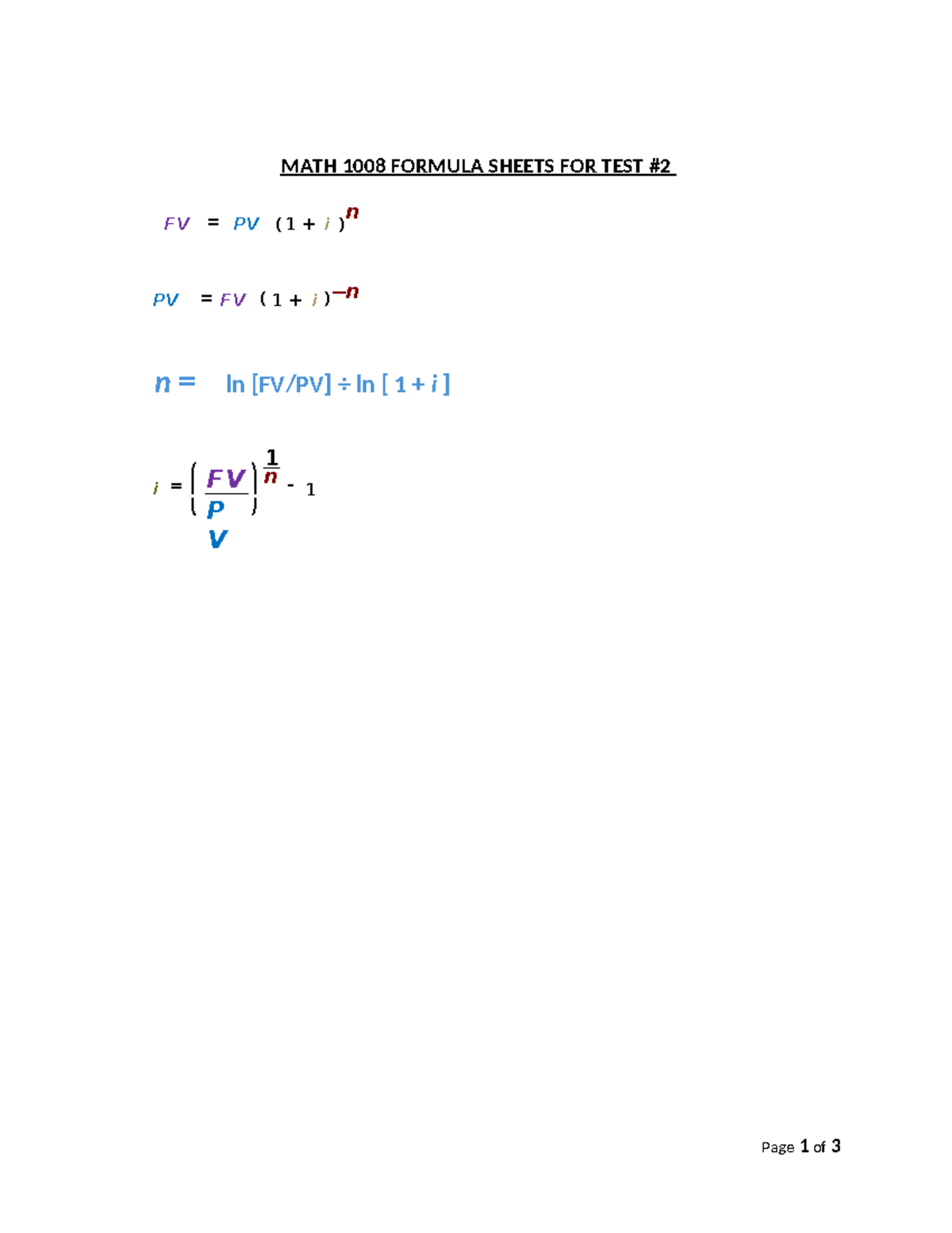 MATH 1008 Formula Sheets for Test 2 - F2024 - Studocu