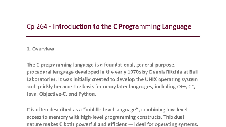 Cp 264 - Overview and Characteristics of the C Programming Language ...