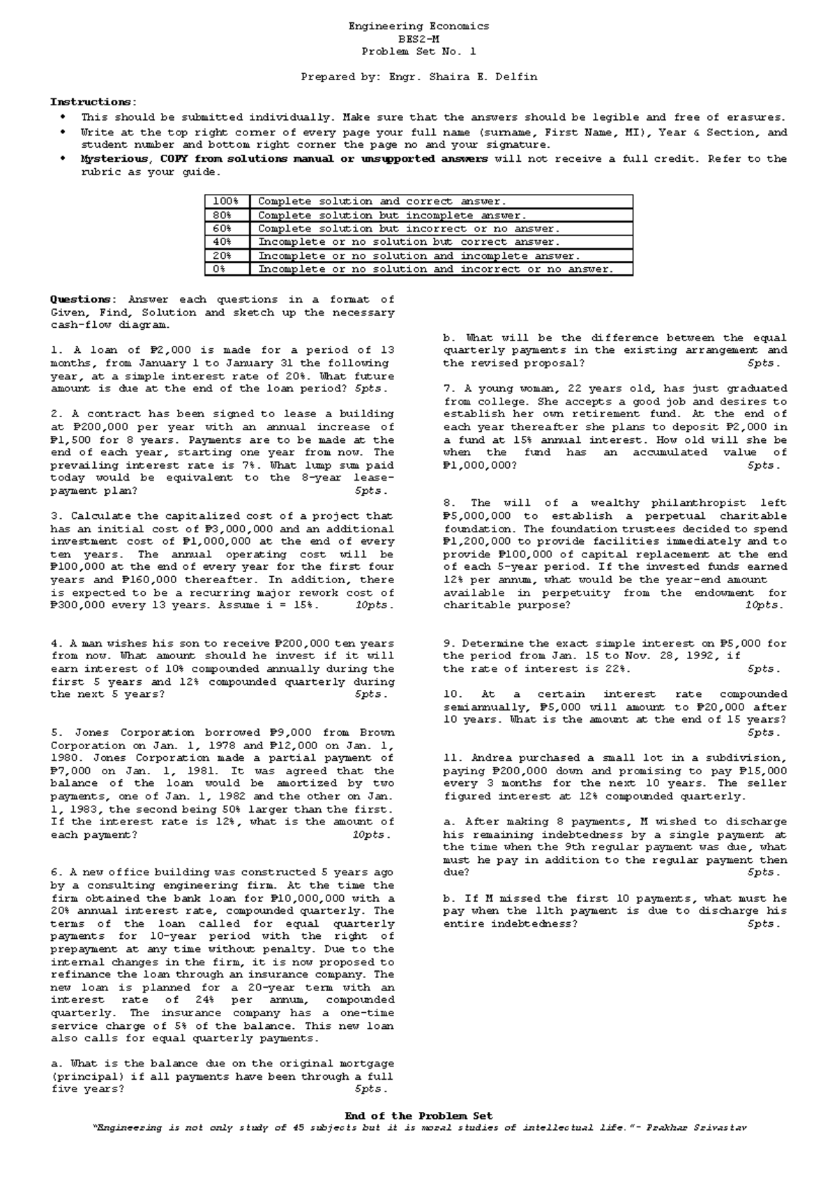 BES2-M Engineering Economics - Problem Set No. 1 Solutions - Studocu