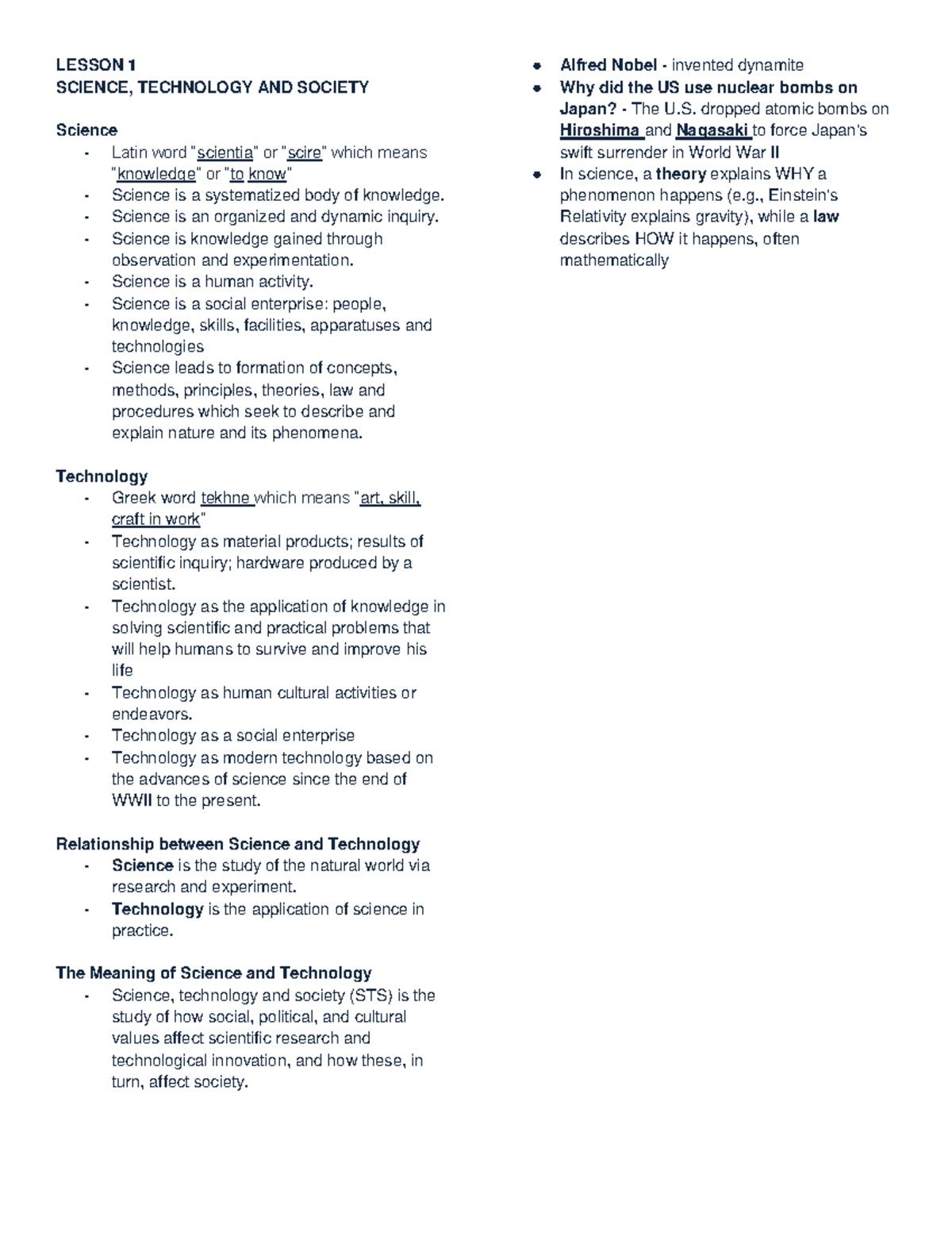 LESSON 1: SCIENCE, TECHNOLOGY, AND SOCIETY [STS] Overview - Studocu