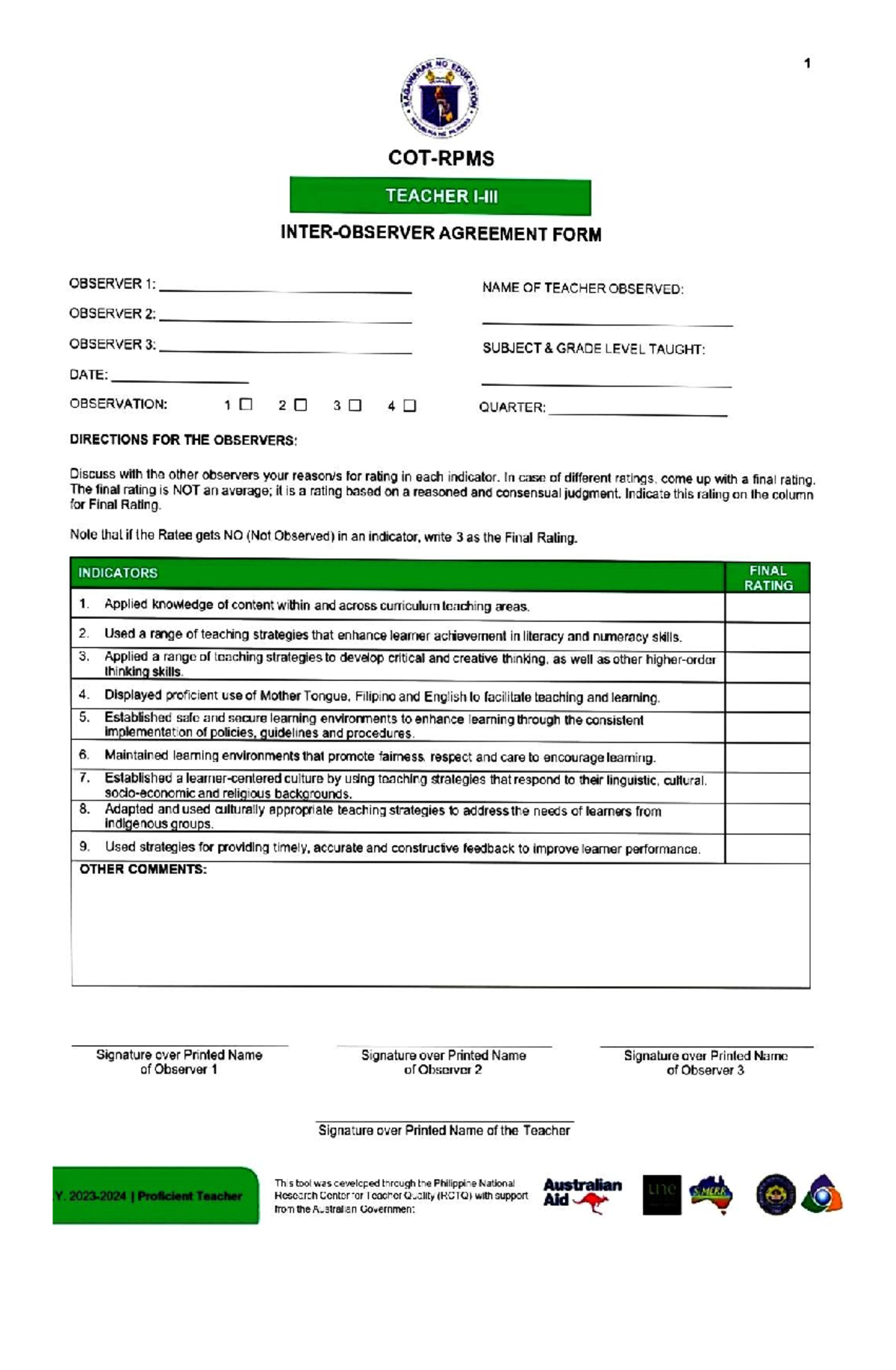 COT Rating Sheet for Teacher Observation and Evaluation - Studocu