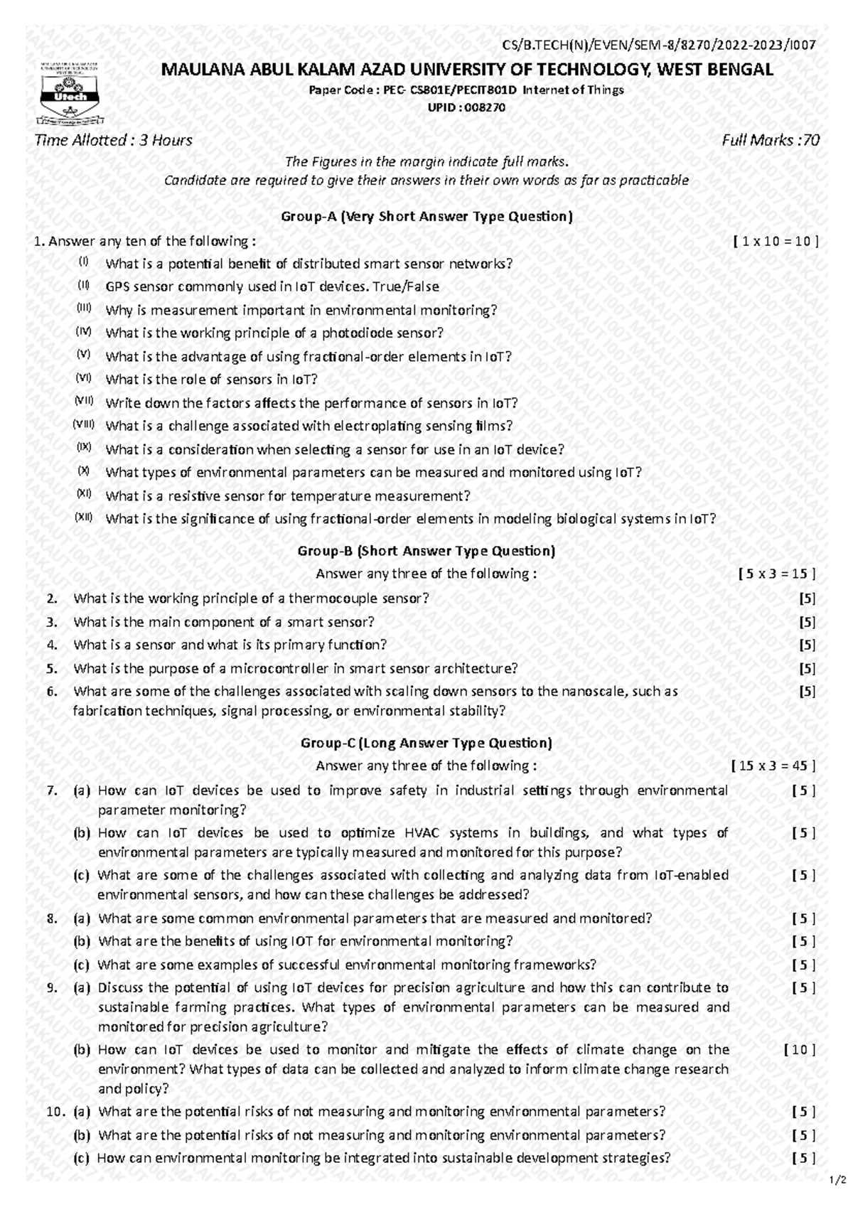 IOT 2023 - Short Answer & Long Answer Exam Questions - Studocu