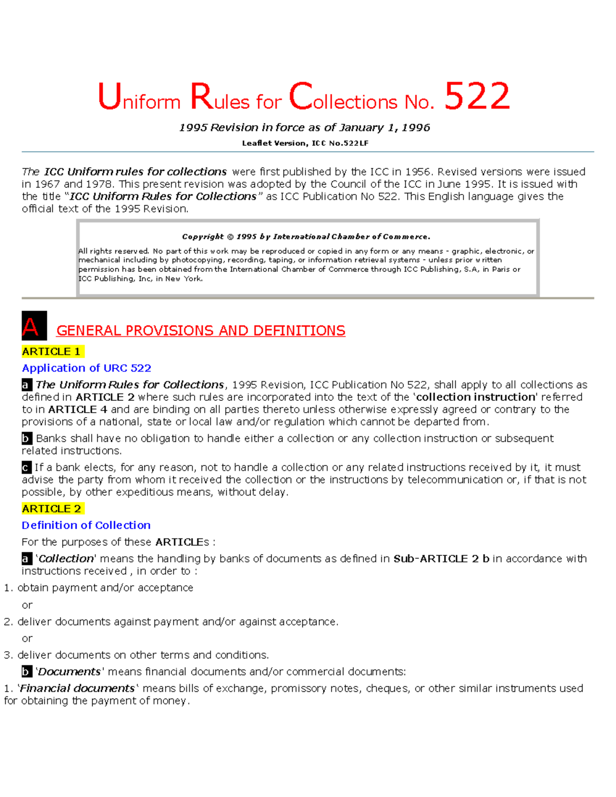 ICC URC 522: Uniform Rules for Collections - 1995 Revision Guide - Studocu