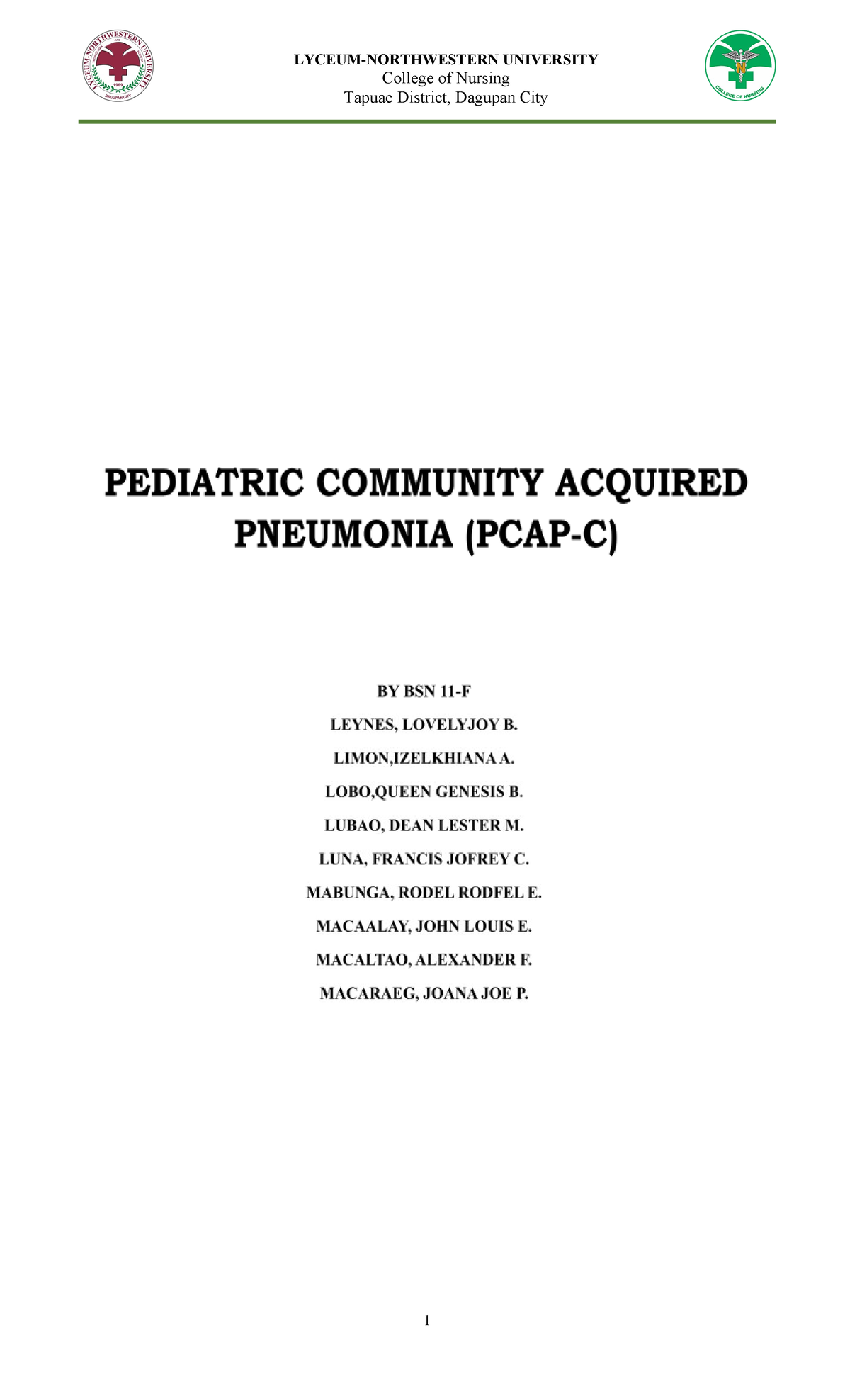 PCAP-C-CASE-STUDY-2ND-SEM Final Notes on Pediatric Pneumonia - Studocu