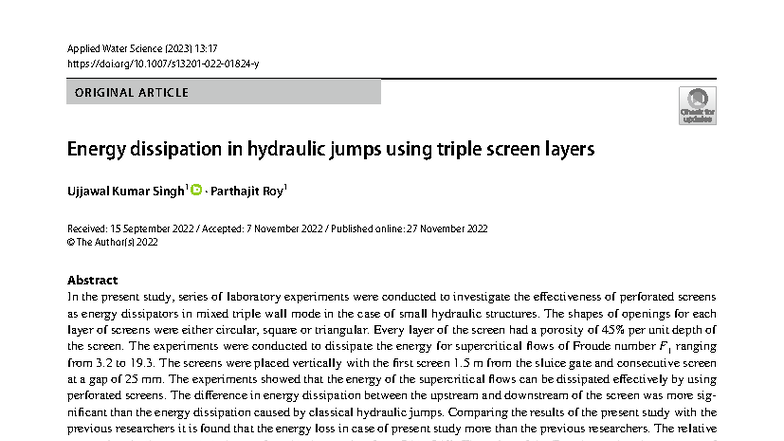 Energy Dissipation in Hydraulic Jumps: S13201 022 01824 Study on Triple ...