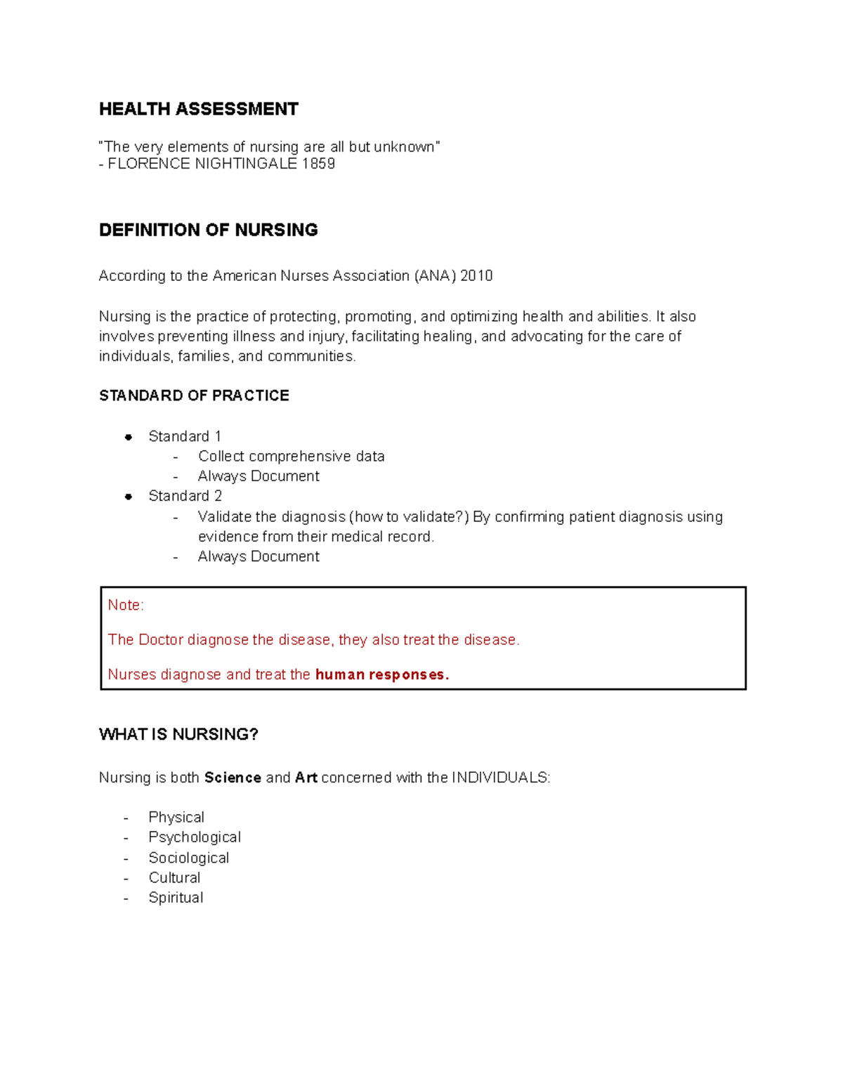 HEA 101: Health Assessment and the Nursing Process Overview - Studocu
