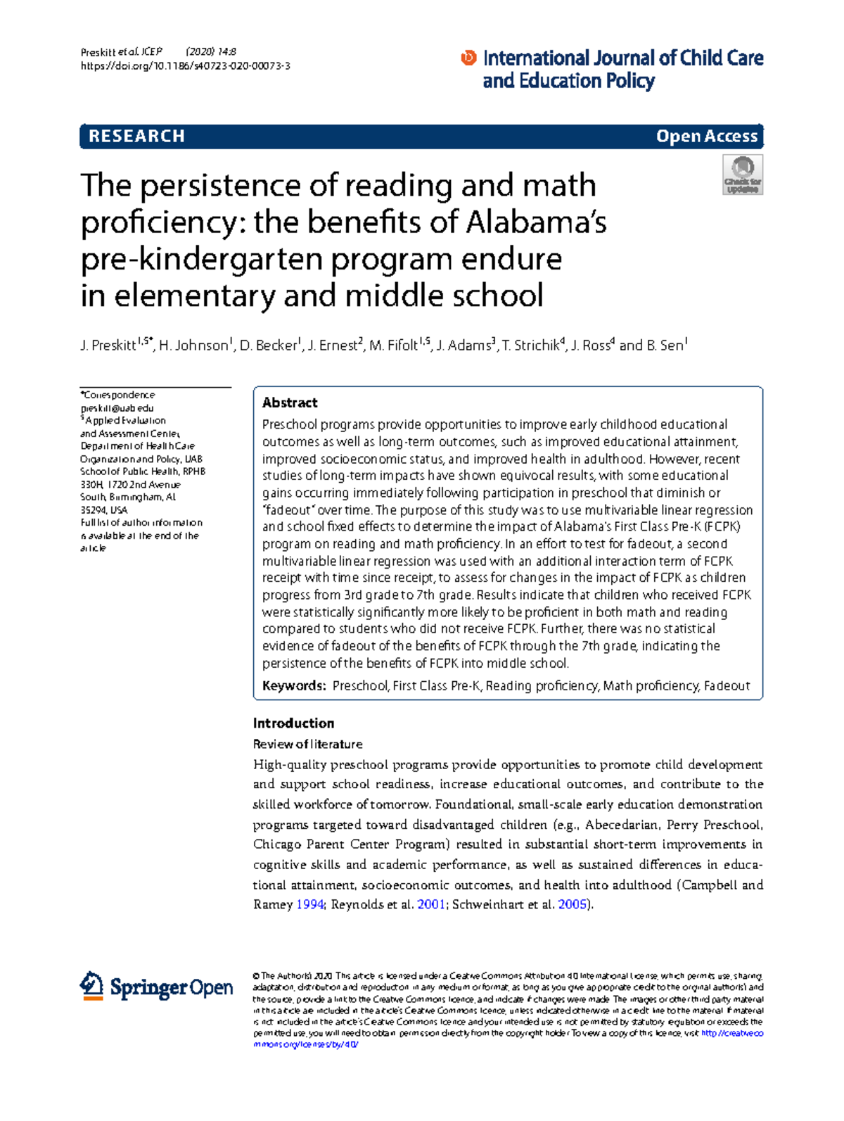 The Persistence of Math & Reading Proficiency from FCPK in Alabama ...