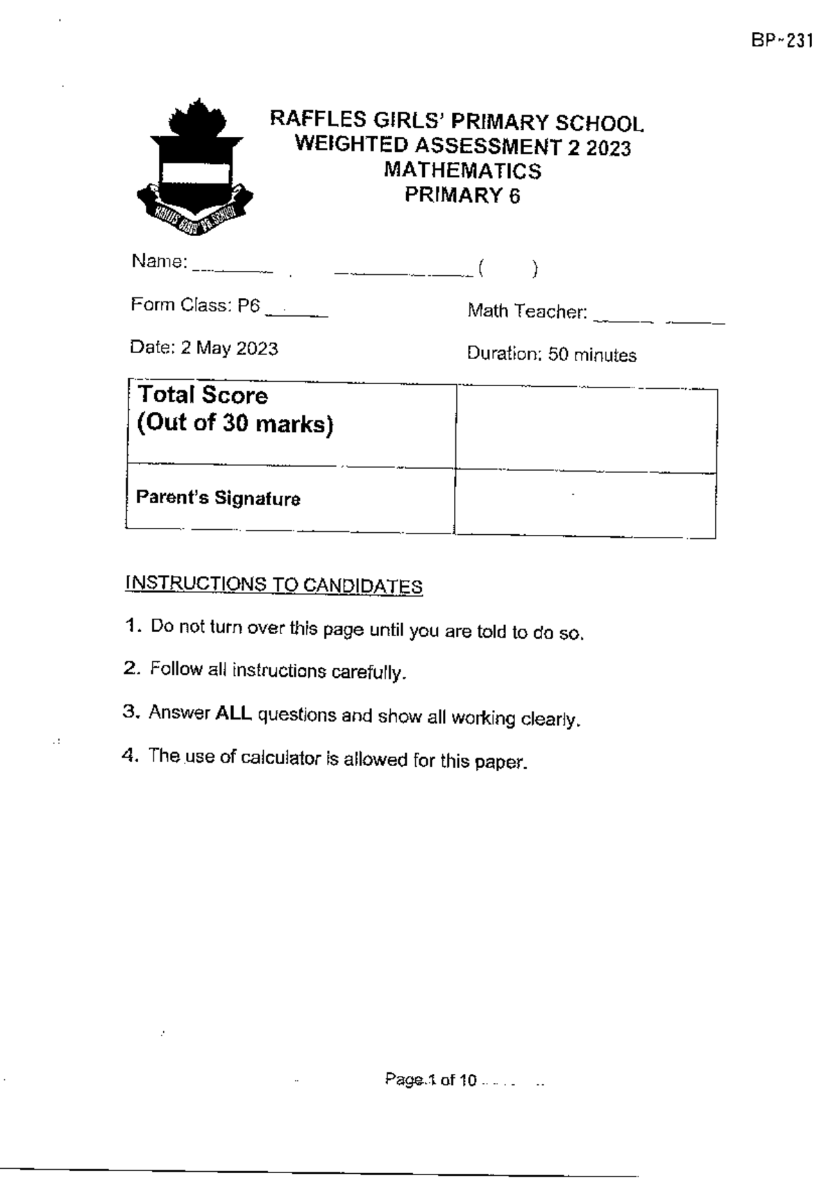 RAFFLES PRIMARY SCHOOL WA2 2023 MATHEMATICS P6 ASSESSMENT - Studocu