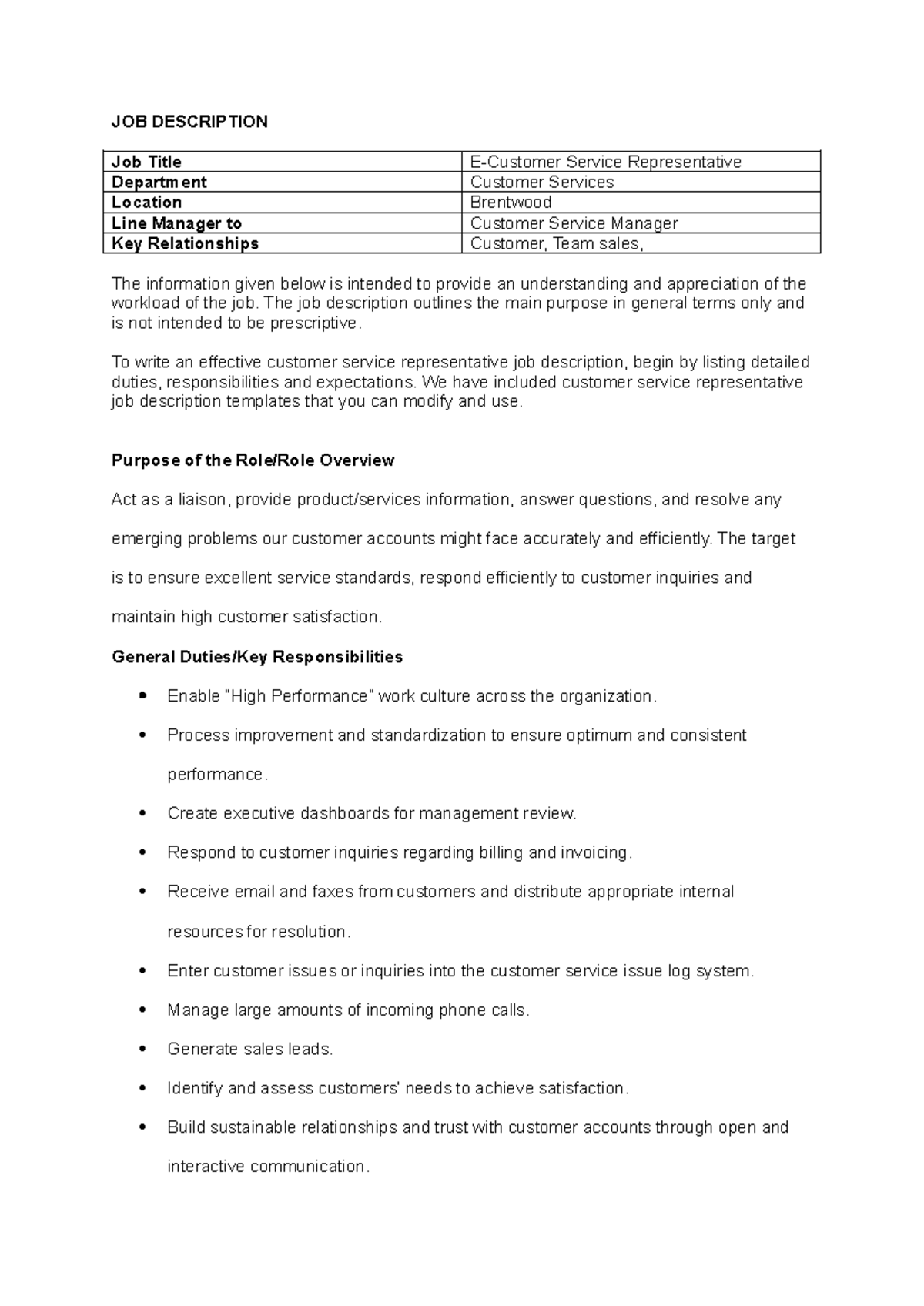 E-Customer Service Representative Job Description - egesfe - Studocu