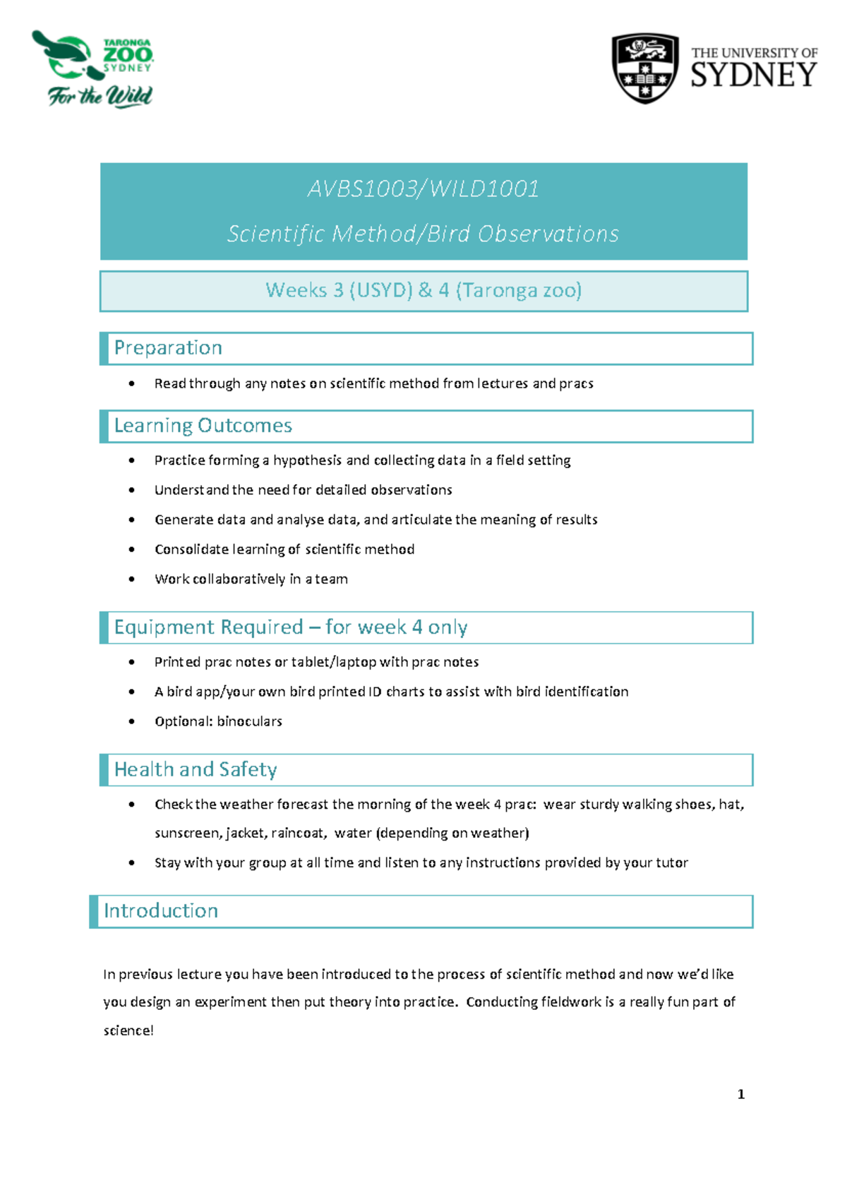 AVBS Practical 3 & 4: Bird Observation and Data Analysis at Taronga Zoo ...