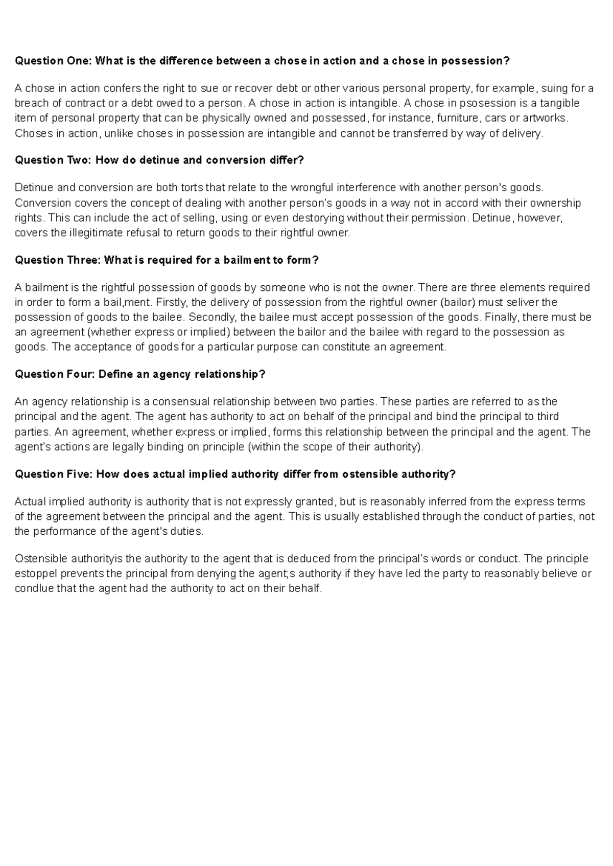 5 questions quiz - Question One: What is the difference between a chose ...