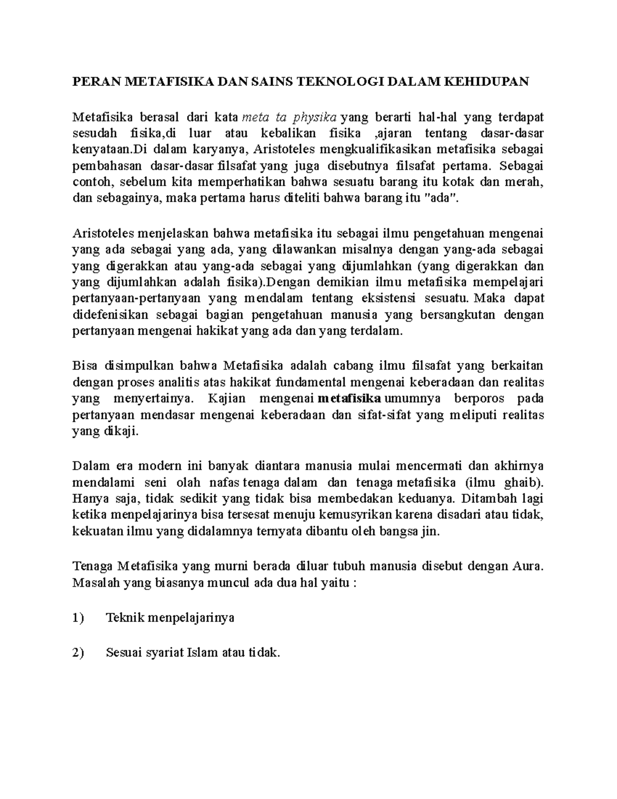 Peran Sains dan Metafisika dalam Kehidupan Manusia di Era Modern - Studocu