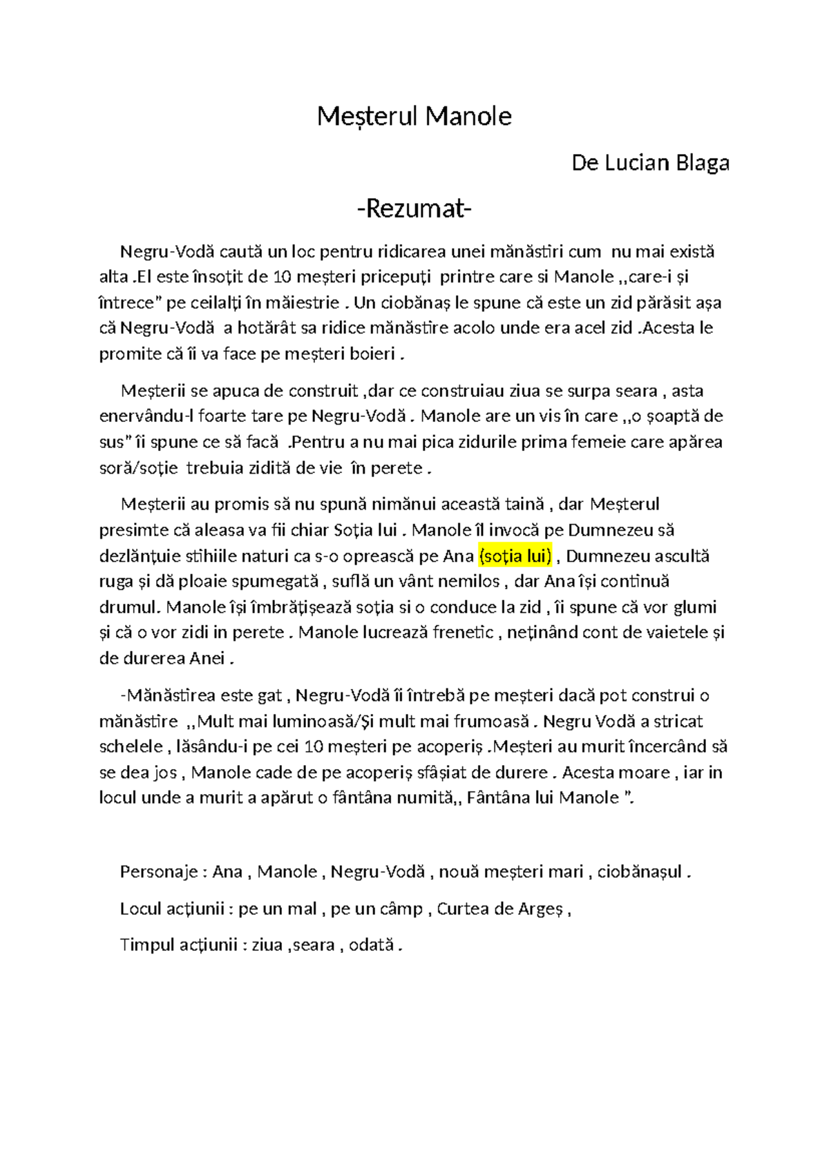 Mesterul Manole - Analiză a operei lui Lucian Blaga - Studocu