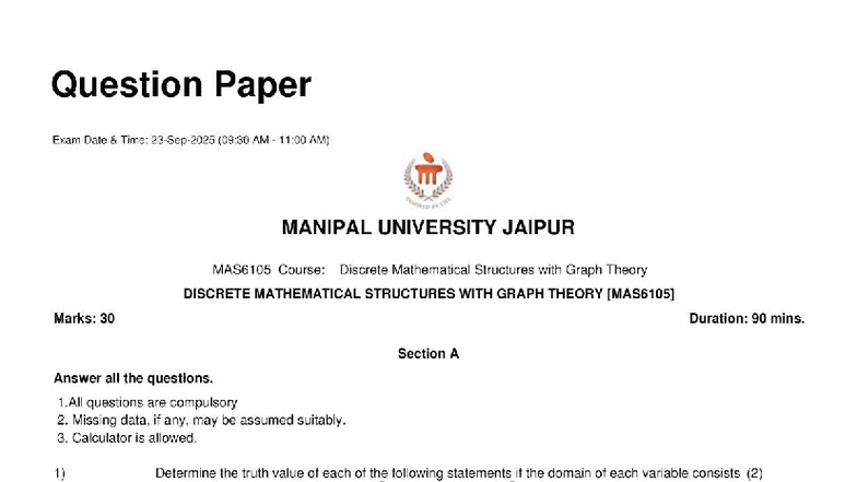MTE QP - Maths MTE paper - Question Paper Exam Date Time: (09:30 AM 11: ...